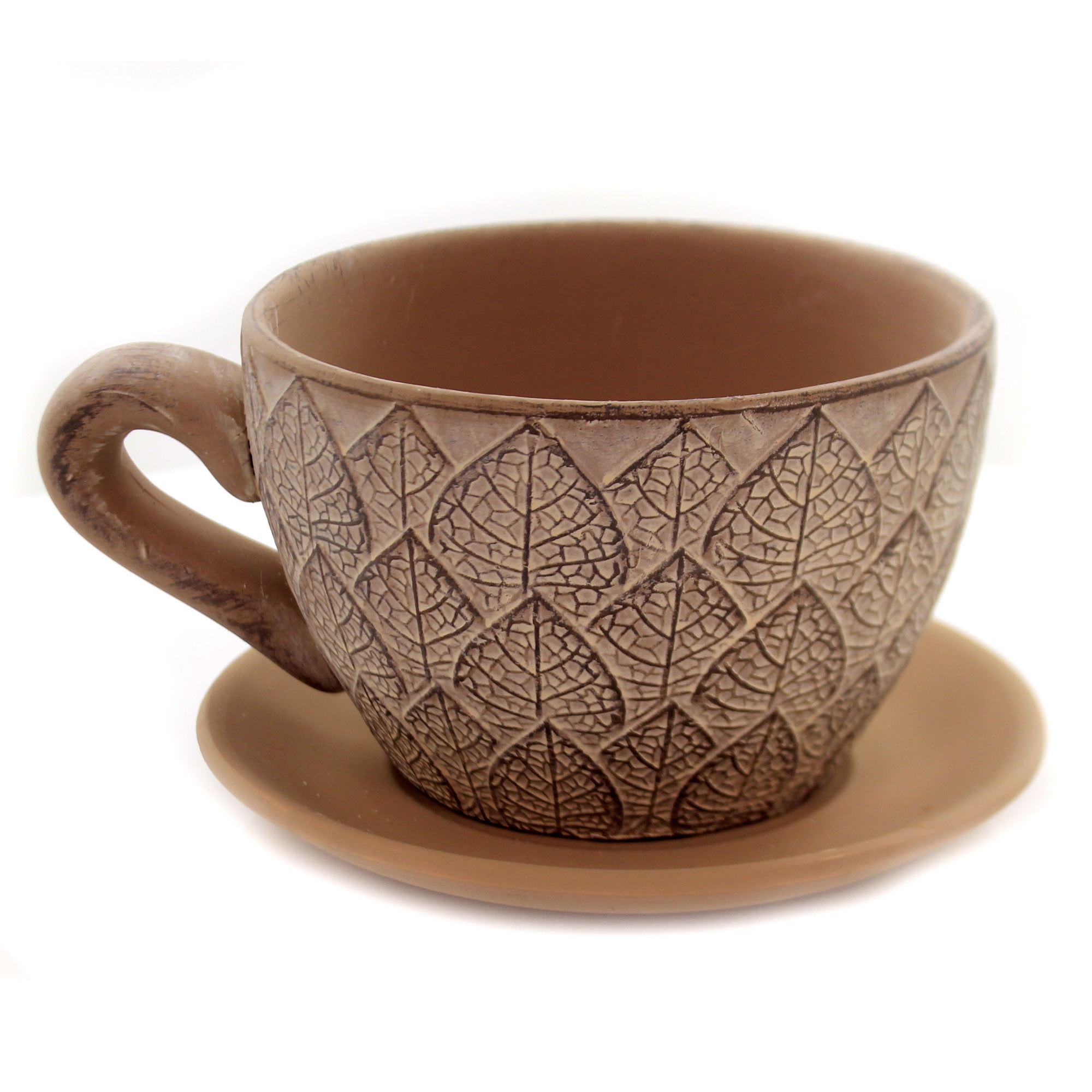 Home & Garden Leaf Cup And Saucer Planter Pot White Washed Er51496 Tan ...