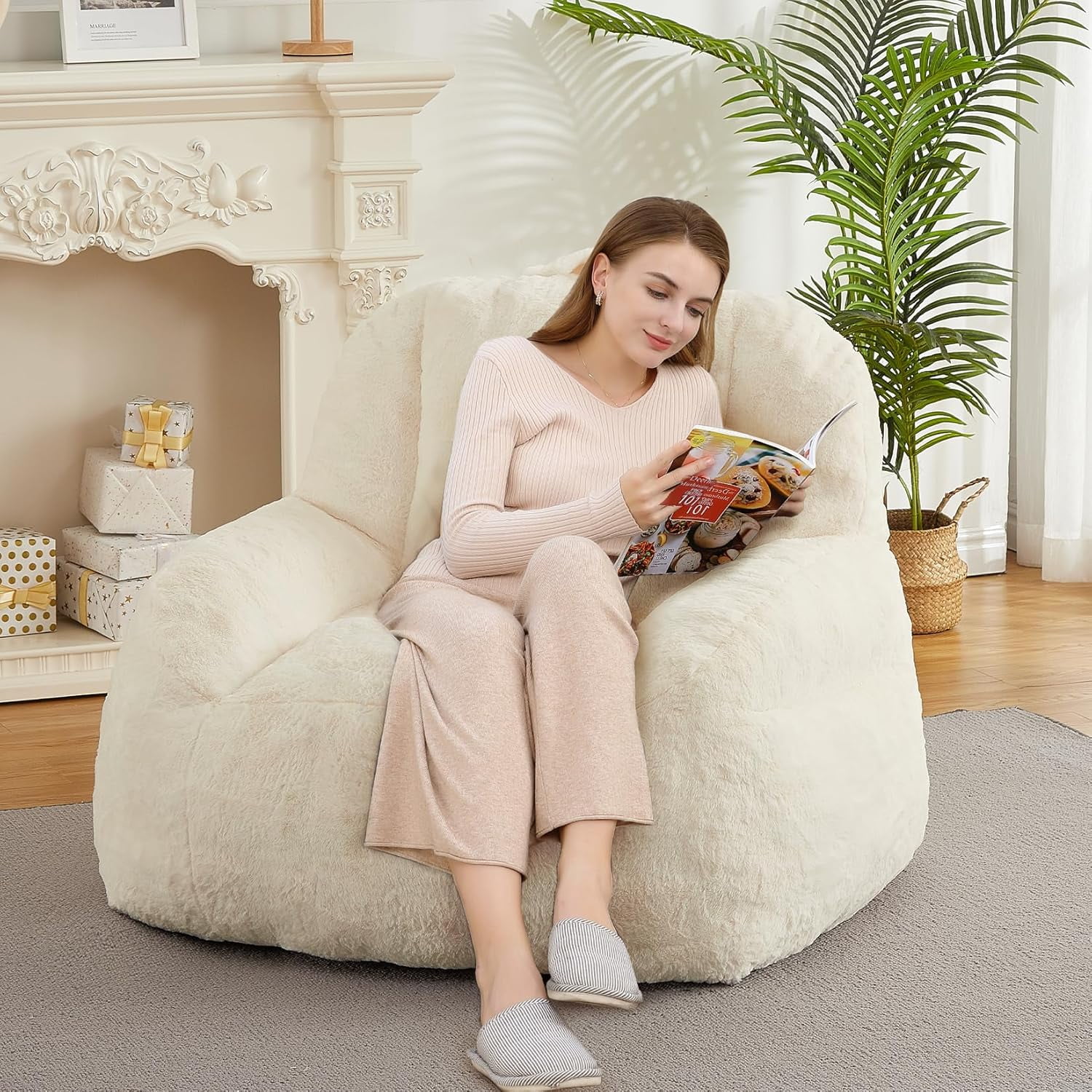 Home Giant Bean Bag Chair, Faux Fur Stuffed Bean Bag Couch with Filler ...