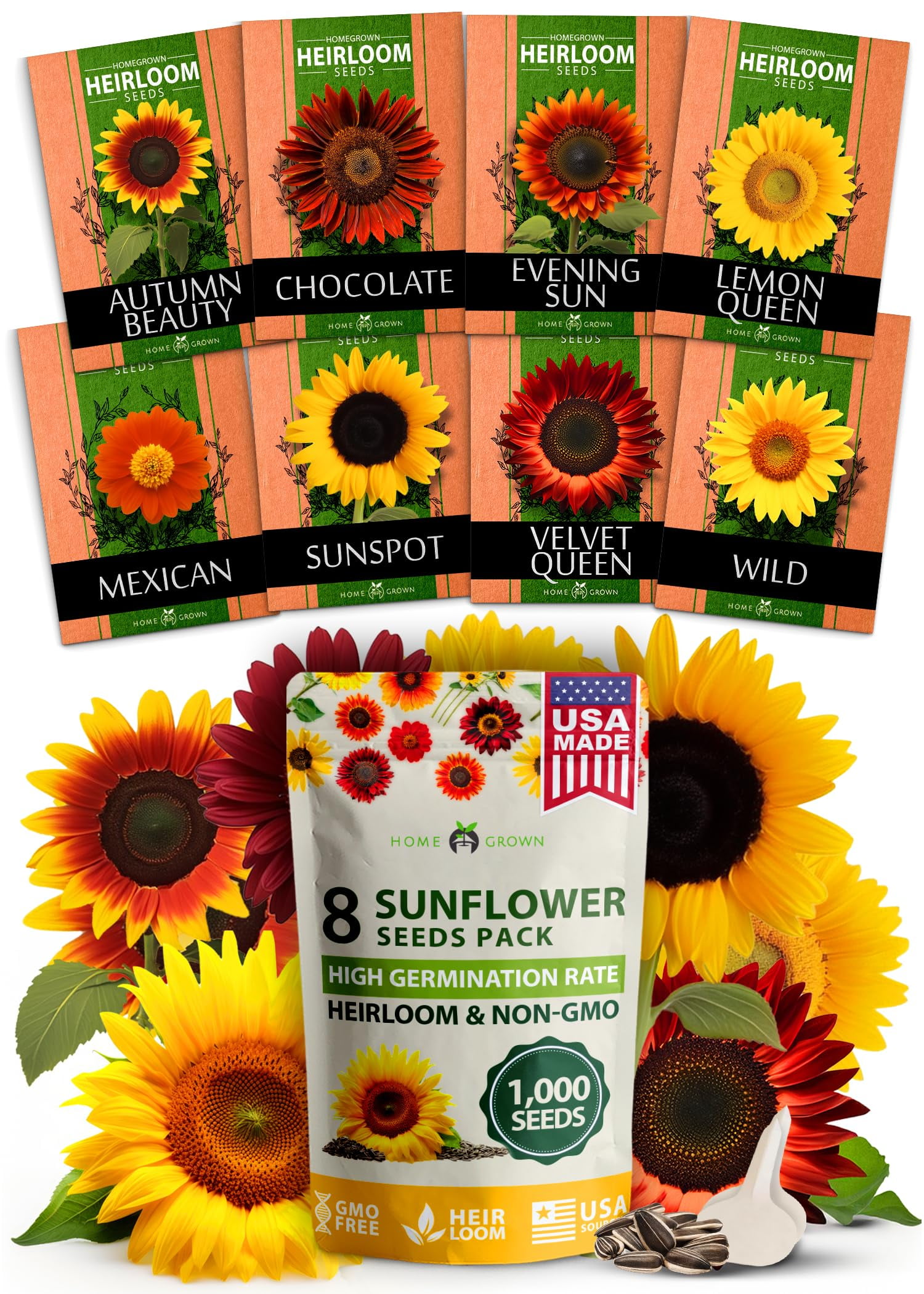 Home Grown SunflowerITSC Seeds for Planting | 8 Varieties |1000+ Flower ...