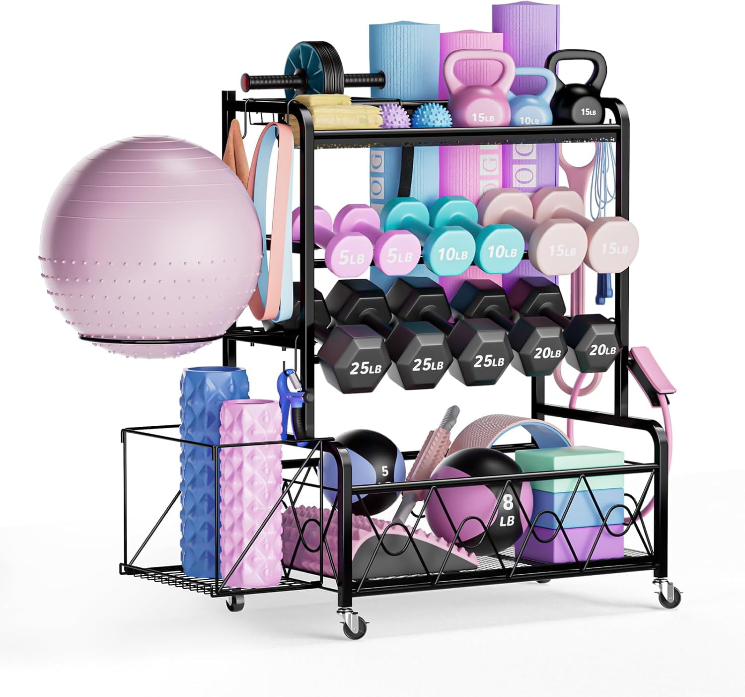 Home Gym Organizer All-in-One Yoga Dumbbell Rack Kettlebell Sets Holder ...