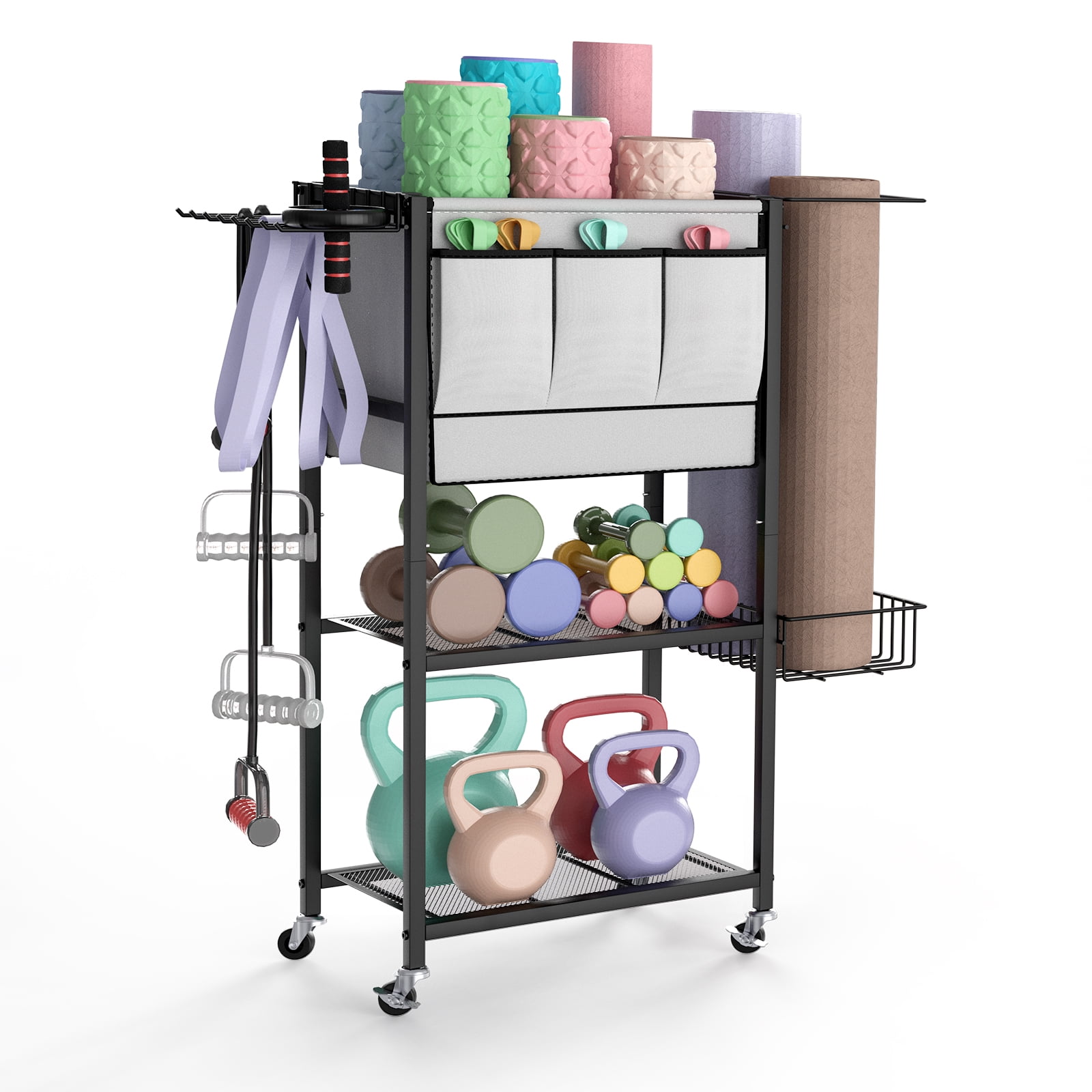 Home Gym Storage, 3-Tier Weight Rack for Dumbbells with Fabric Bin ...