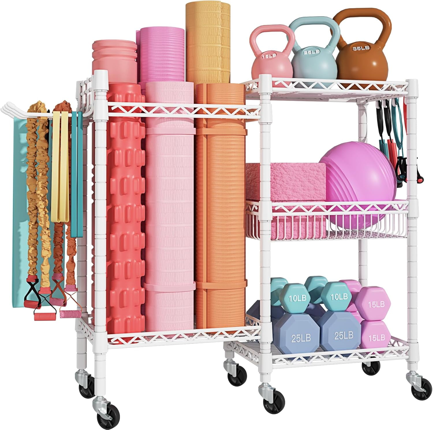 Home Gym Storage, 3 Tiers Workout Equipment Organizer with Wheels for ...