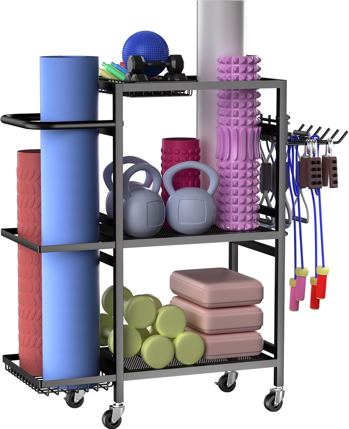 Home Gym Storage Rack, 3 Tier Yoga Mat Storage Rack with Wheel for Yoga ...