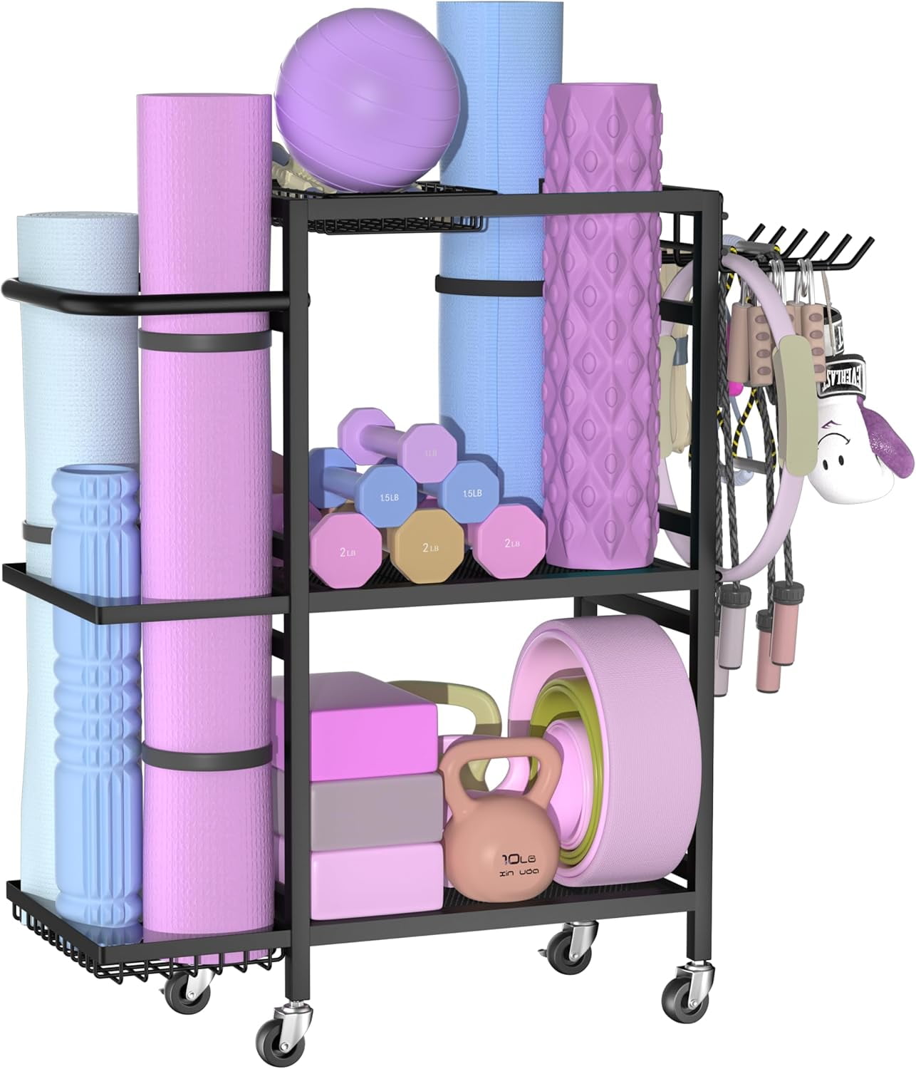 Home Gym Storage Rack, 3 Tier Yoga Mat Storage Rack with Wheel for Yoga ...
