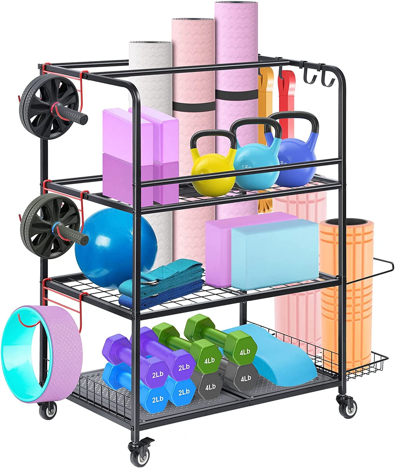 Home Gym Storage Rack, All in One Workout Equipment Rolling Storage ...