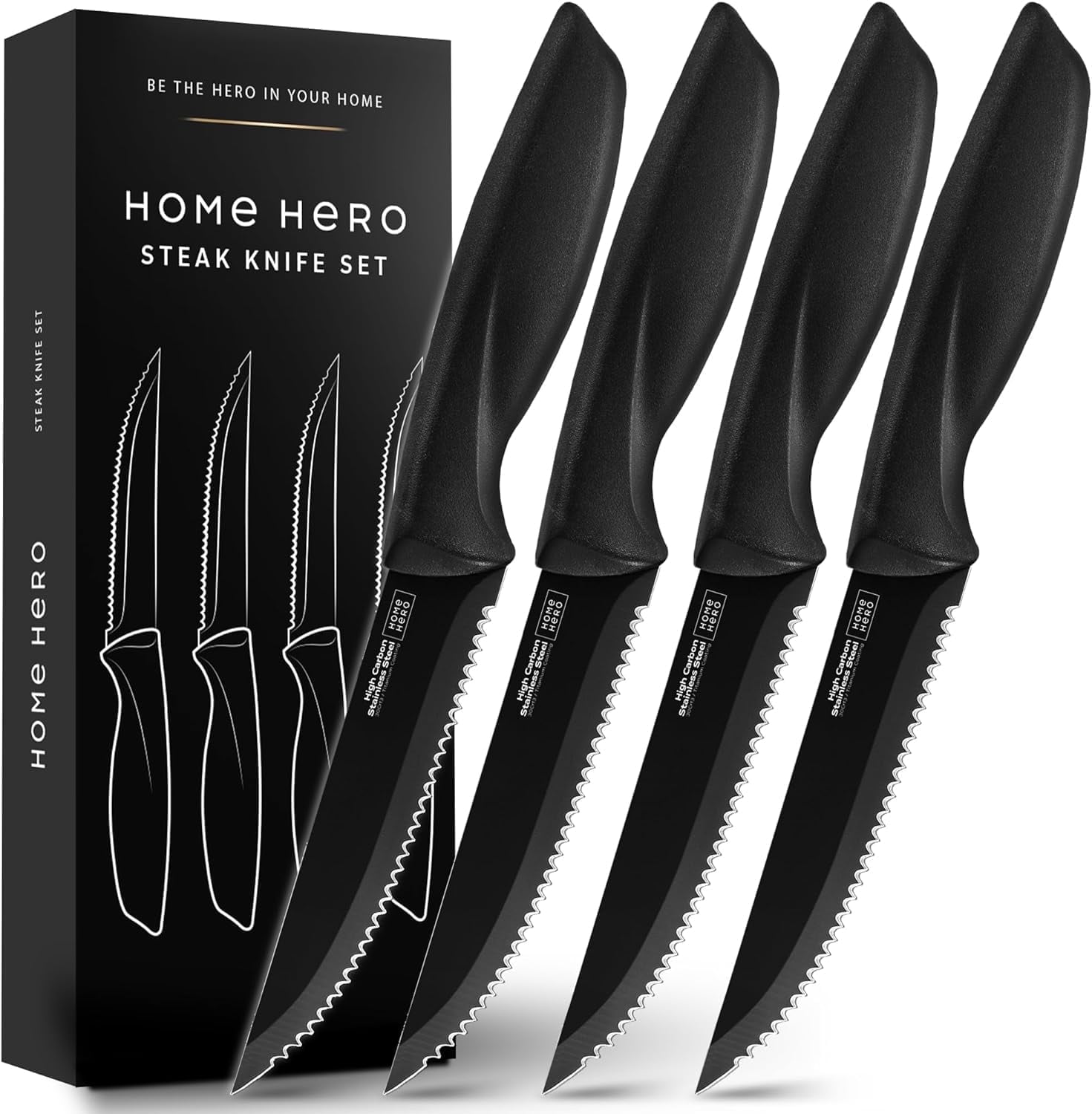 Home Hero, 4-Pc Steak Knife Set, High-Carbon Stainless Steel, Serrated ...