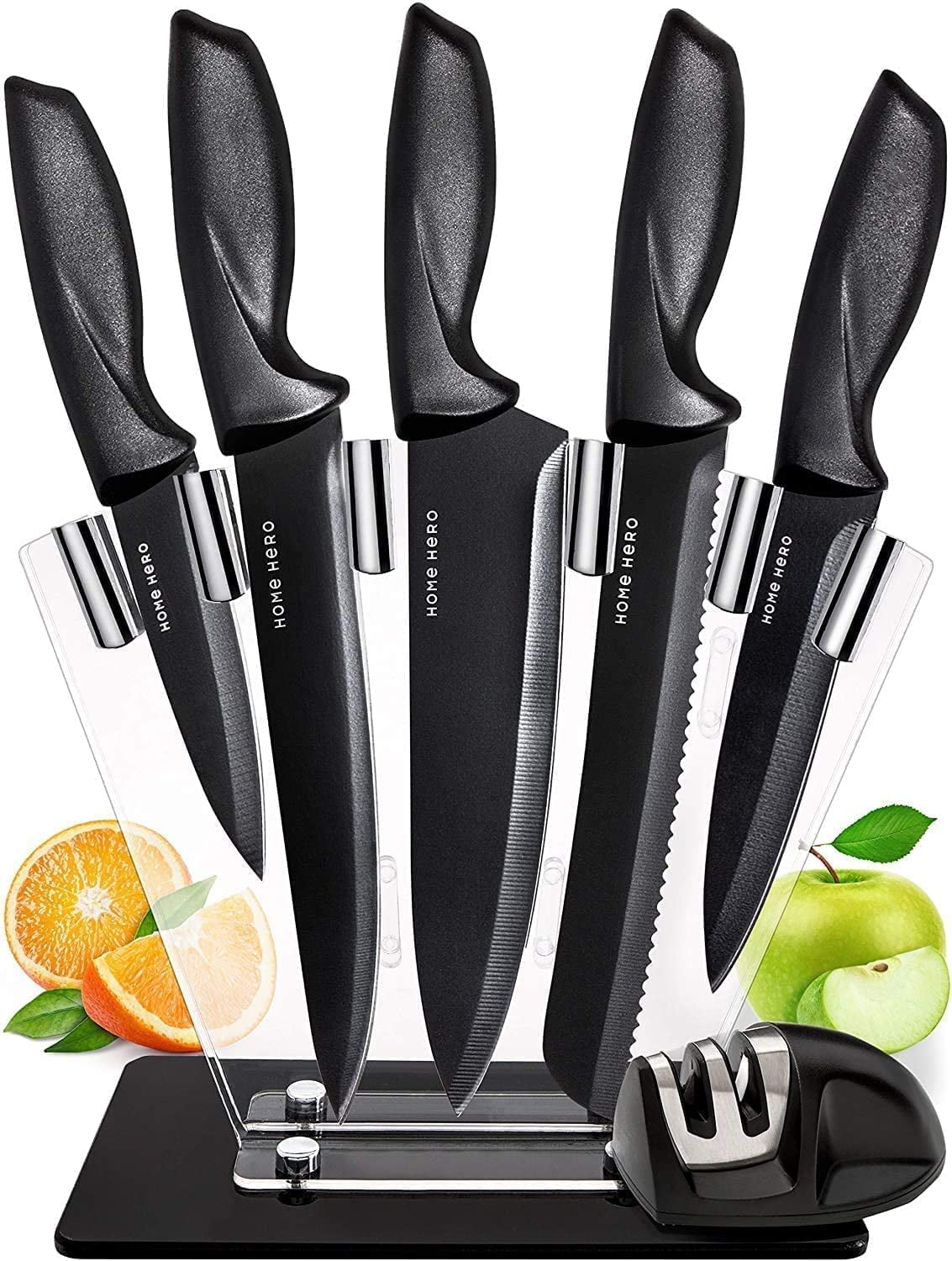 Home Hero Chef Knife Set, 7-Piece Stainless Steel Kitchen Knives, Black ...