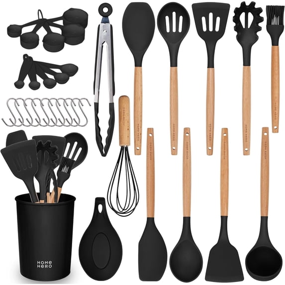 Home Hero 33-Piece Kitchen Utensils Set with Tool Holder, Silicone ...
