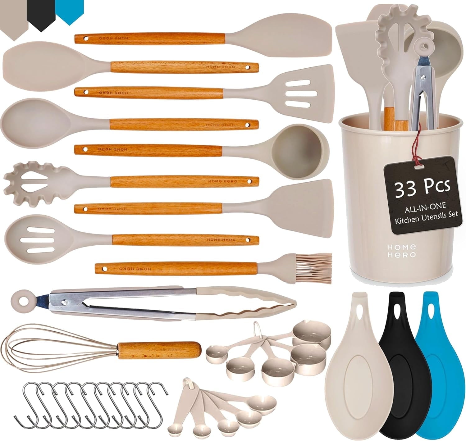 Home Hero 33-Piece Kitchen Utensils Set with Cookware Tools & Holder ...