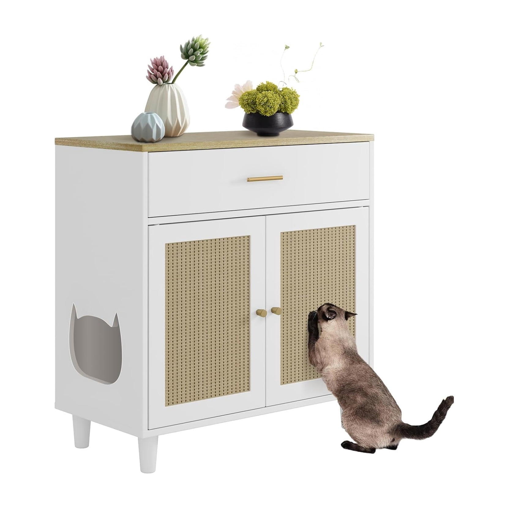 Home Hidden Cat Litter Box Furniture with Storage Drawer, Wood Cats ...