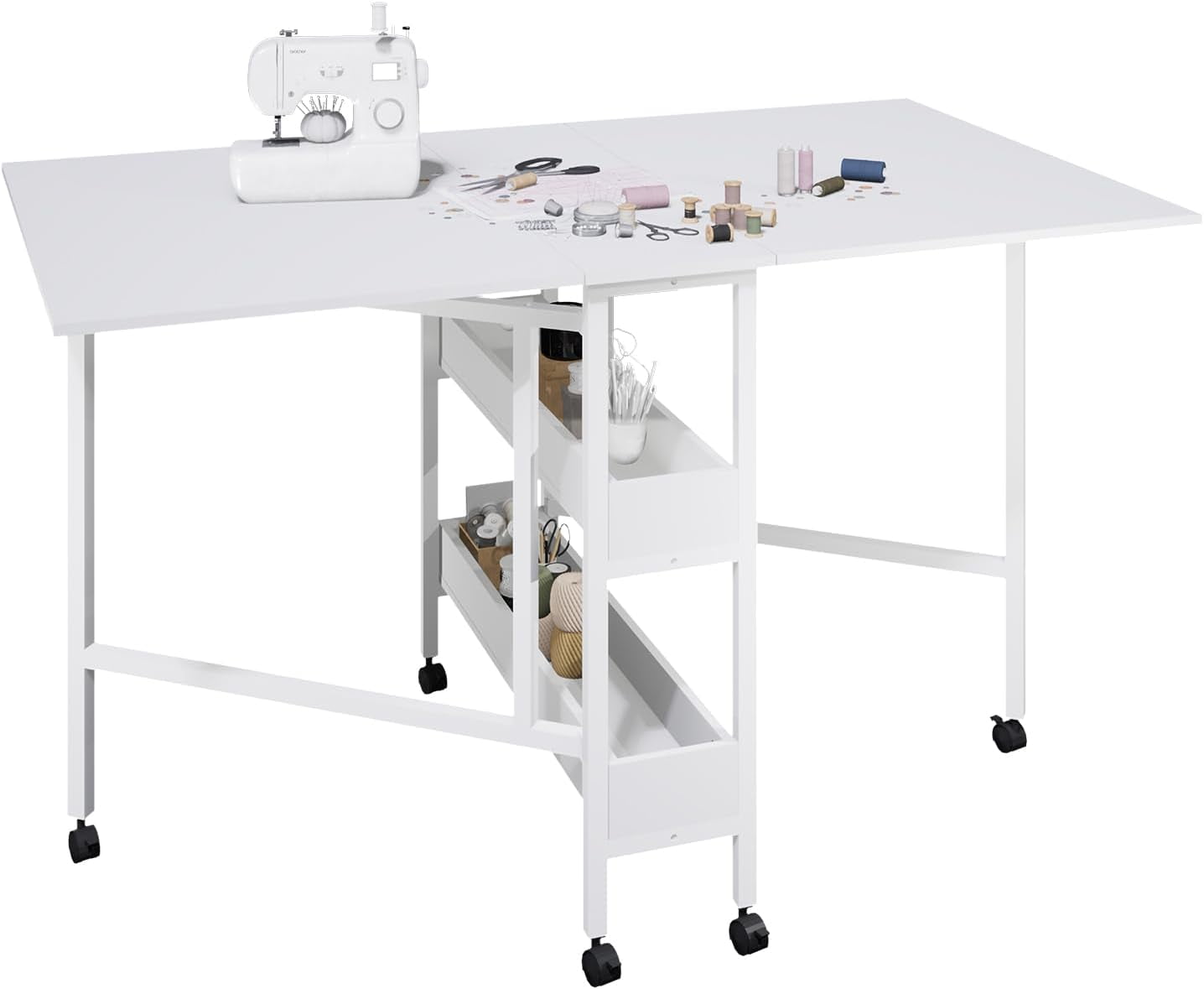 Home Hobby Craft Table, Folding Sewing Tables with Storage Shelves ...