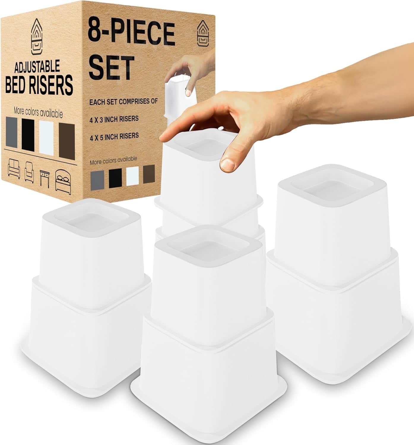 Home Intuition Heavy Duty Adjustable Bed Risers 3, 5, or 8 Inches White ...