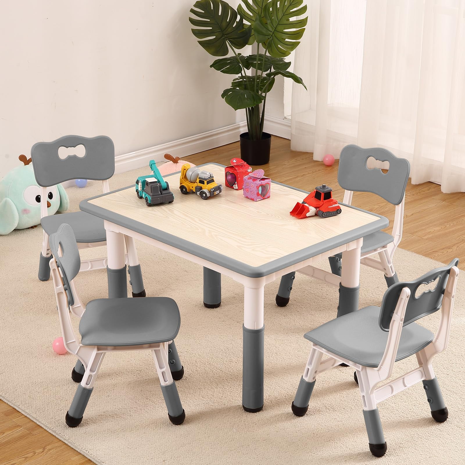 Home Kids Table and 4 Chairs Set Height Adjustable Toddler Table and Chair Set for Ages 3-8 ...
