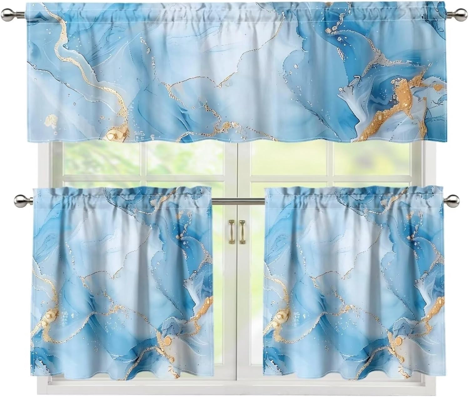 Home Kitchen Dining Room Curtains Tiers and Valances Set, Blue Marble ...