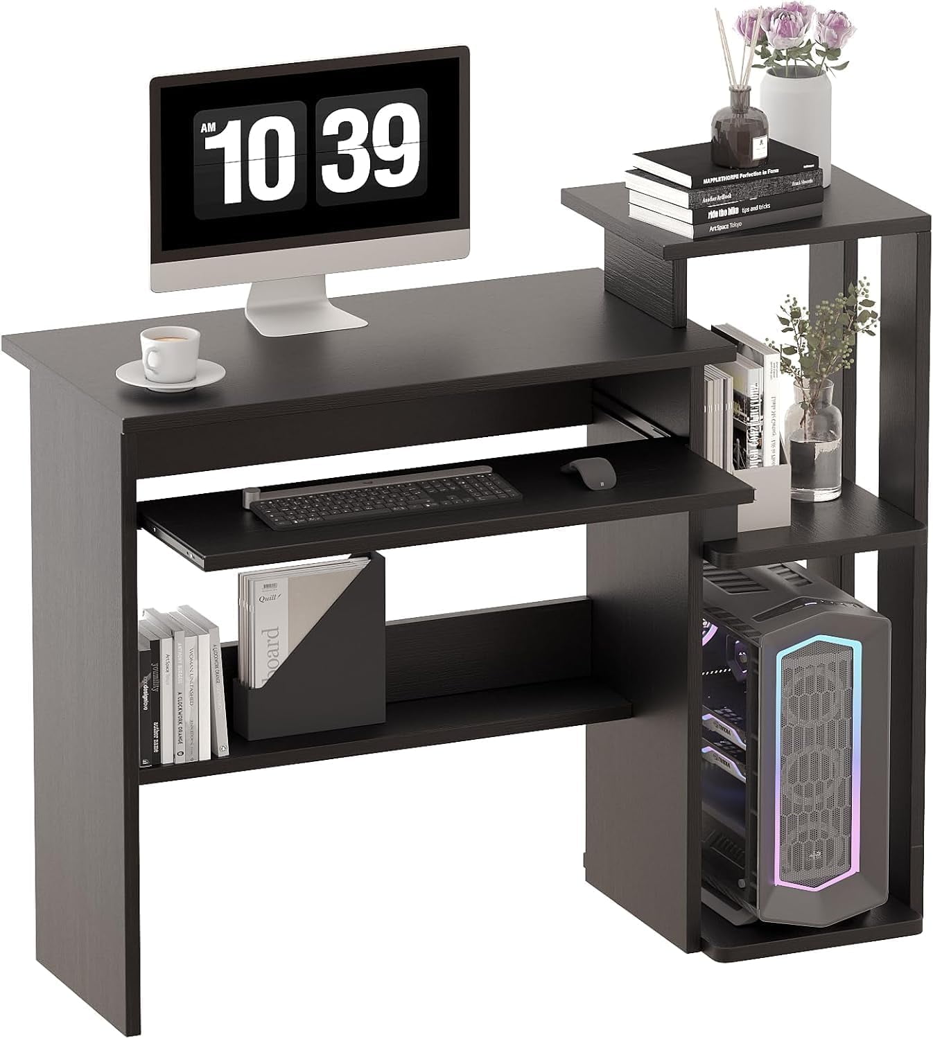 Home Laptop Notebook Computer Desk with Square Shelves and Keyboard ...