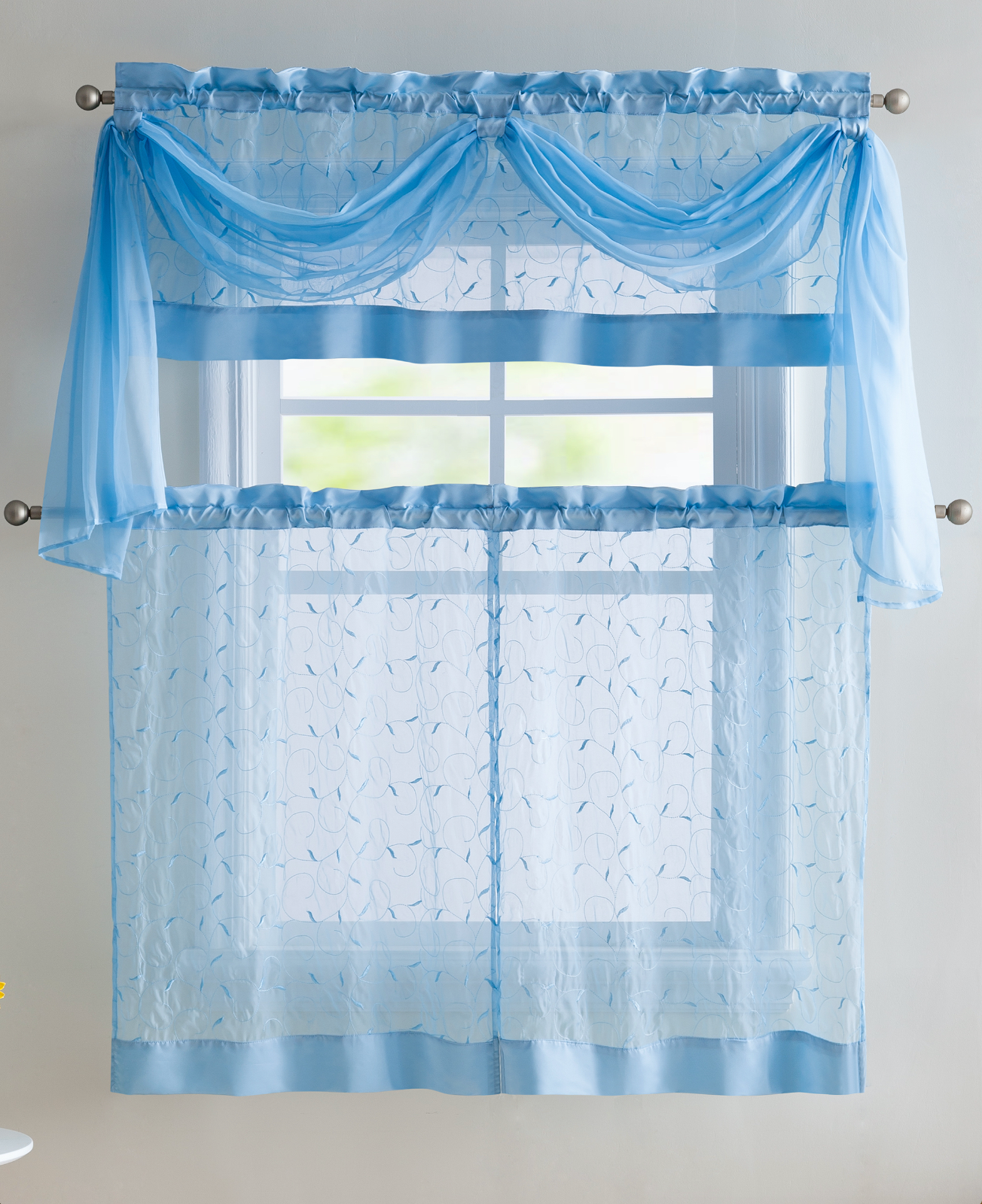 Home Linen Leaf Embroidered Complete Kitchen Curtain Set - Assorted ...