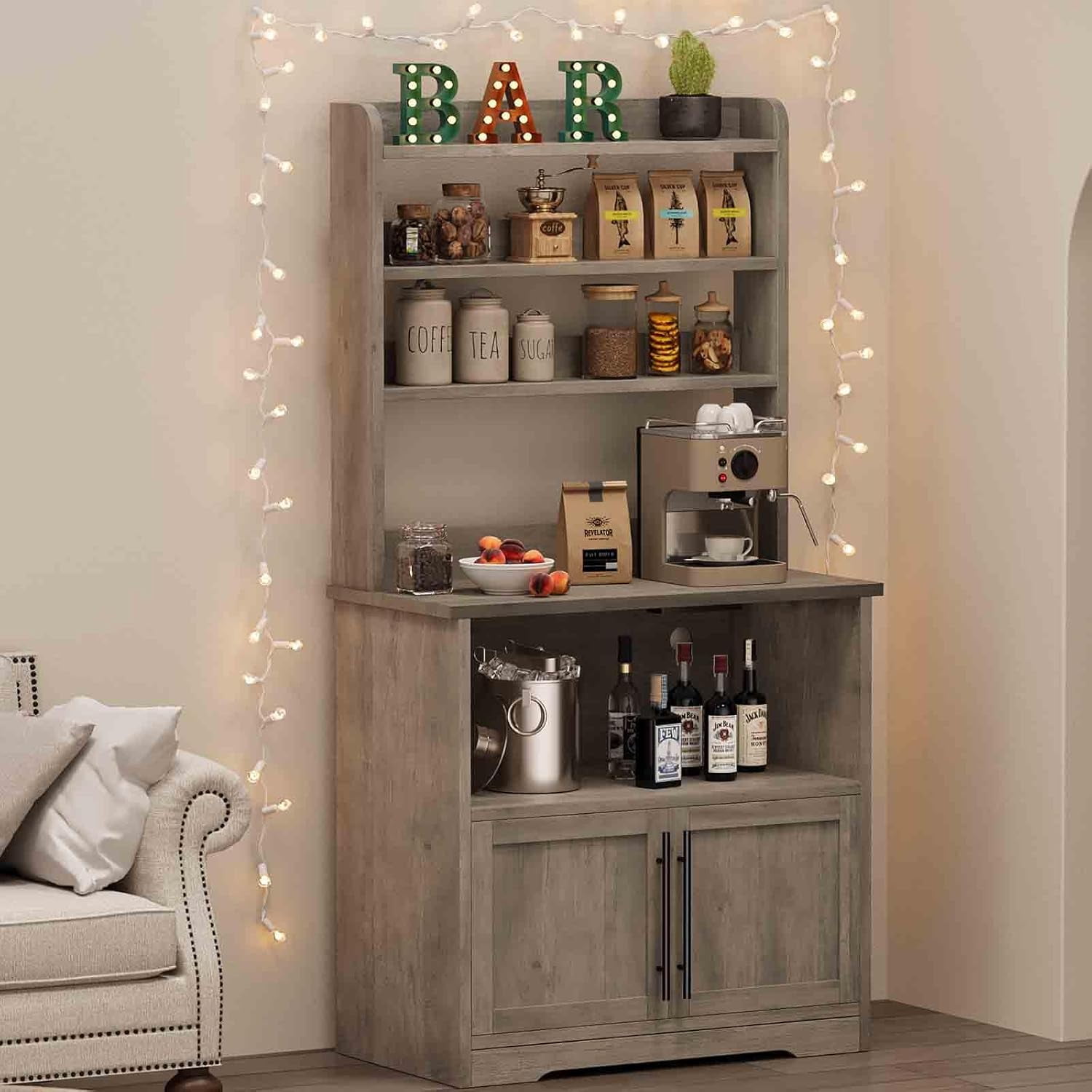 Home Microwave Stand Bakers Rack Cabinet, Farmhouse Bakers Rack with ...