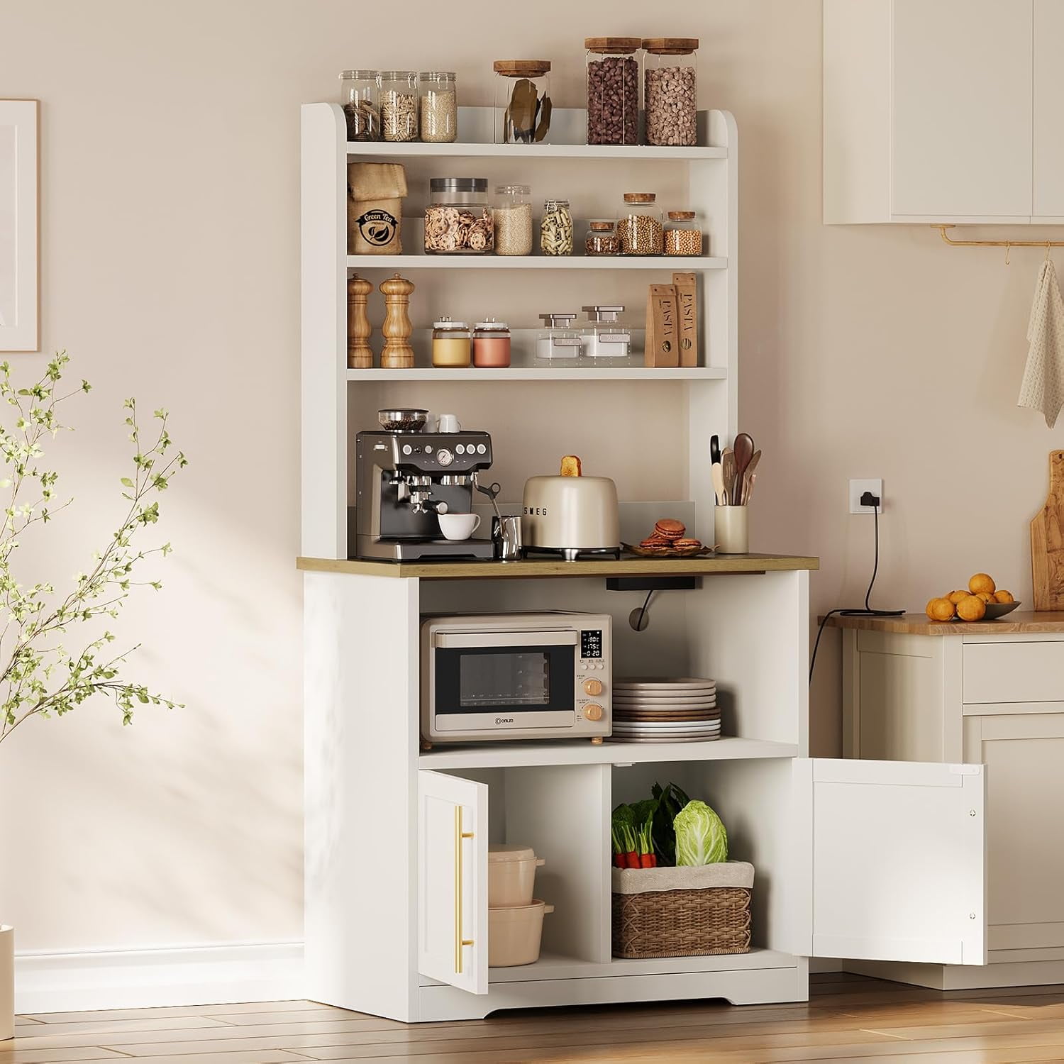 Home Microwave Stand Bakers Rack Cabinet, Farmhouse Bakers Rack with ...