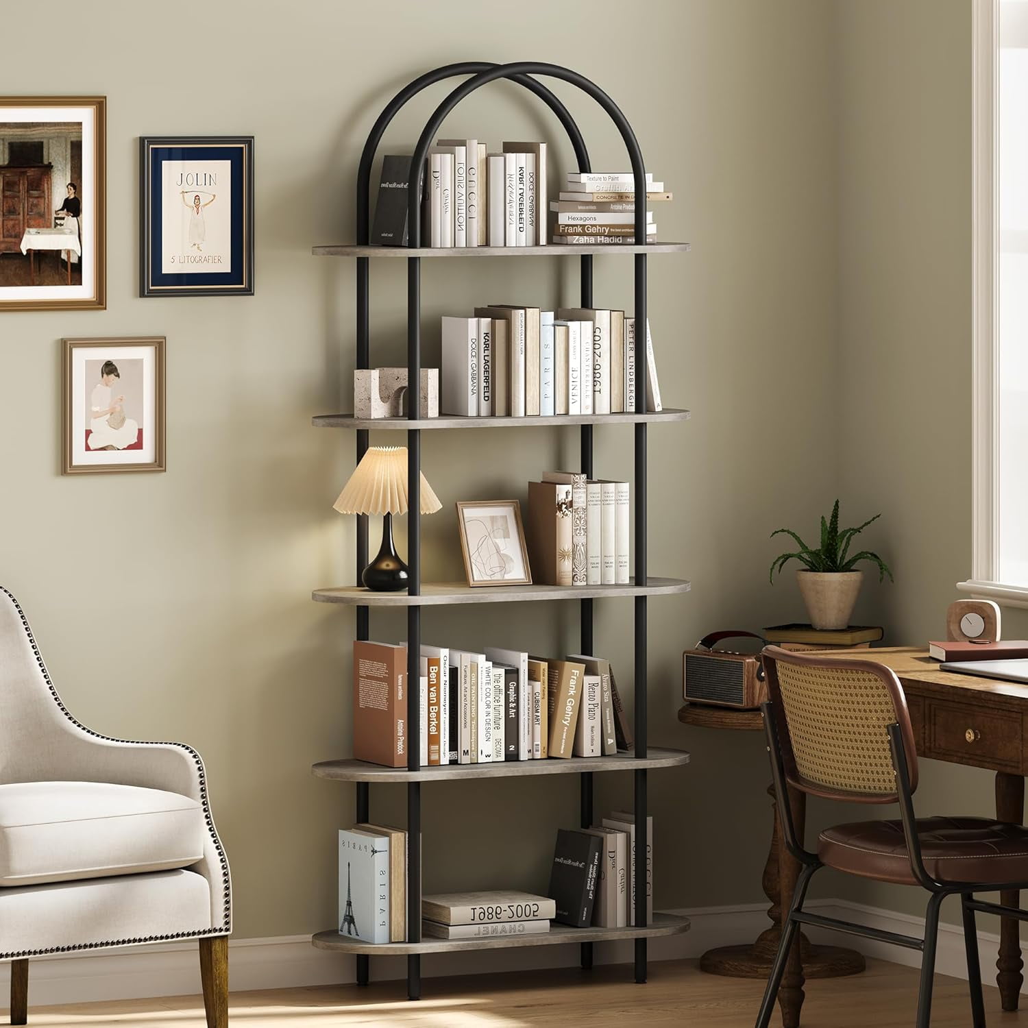 Home Office 5 Tier Open Bookshelf Arched Display Racks Tall Bookshelf ...