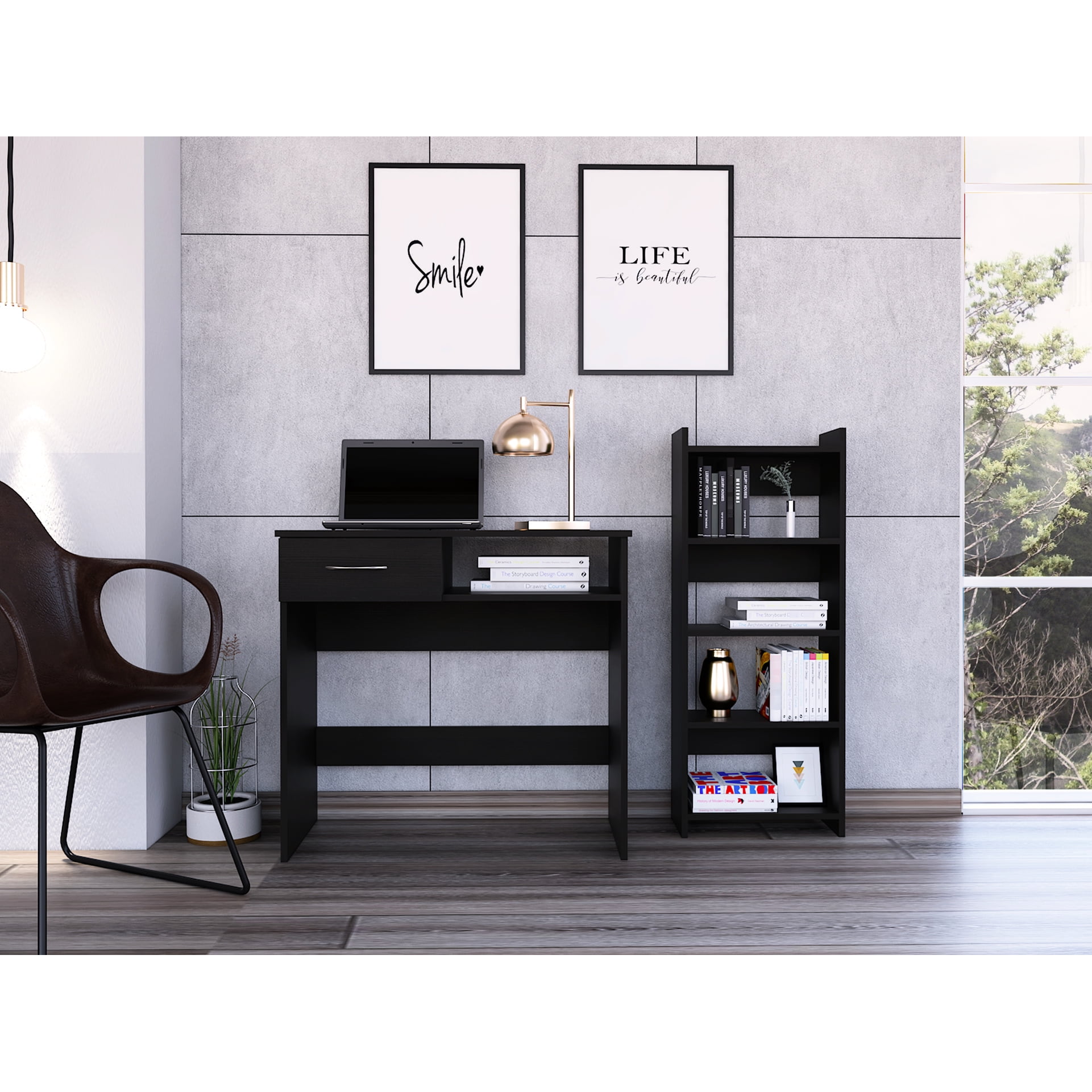 Home Office In Black, Compact Desk With Single Drawer & Keyboard Tray ...