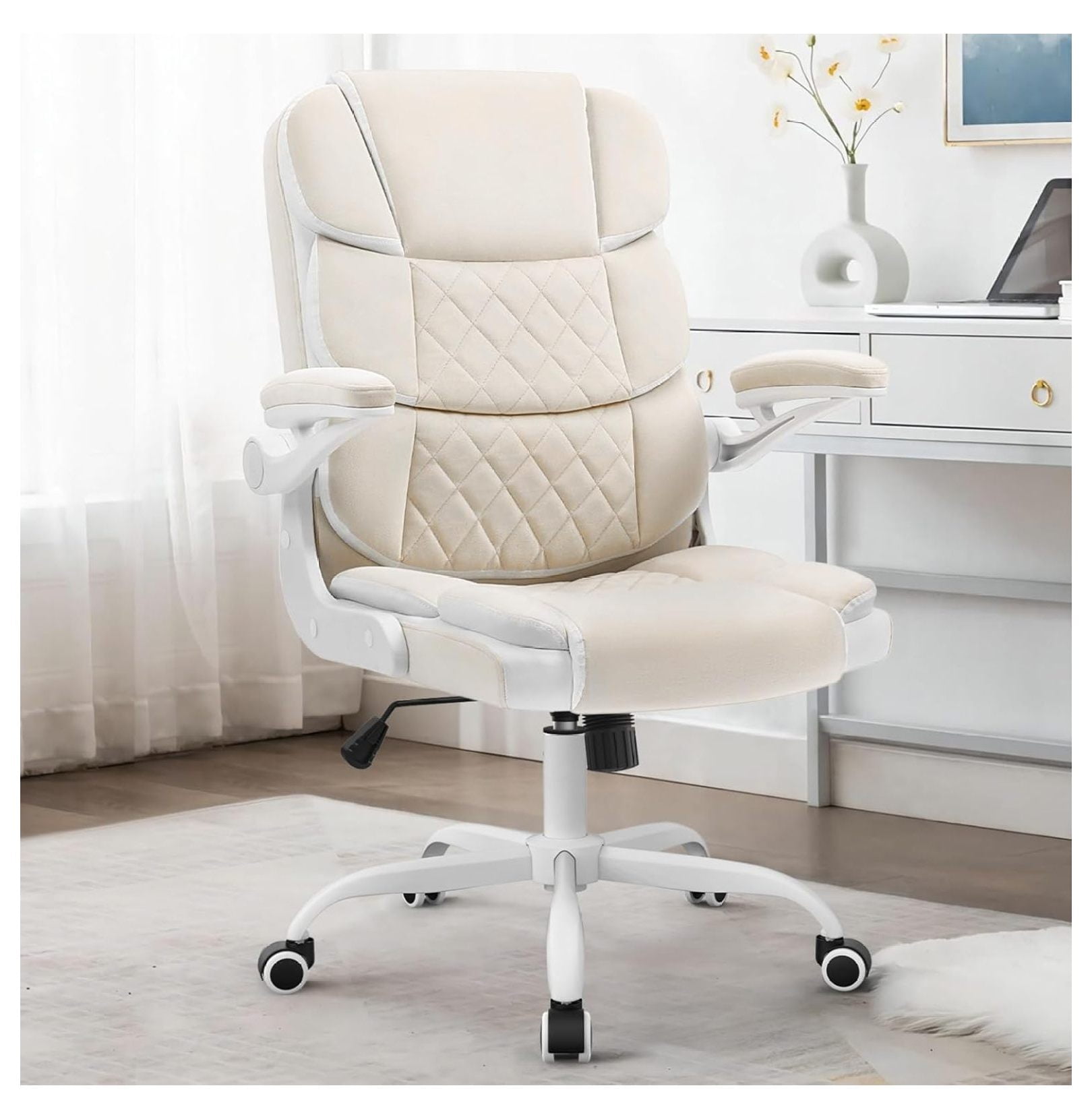 Home Office Chair Beige Velvet Fabric Desk Chairs with Wheels and -up ...