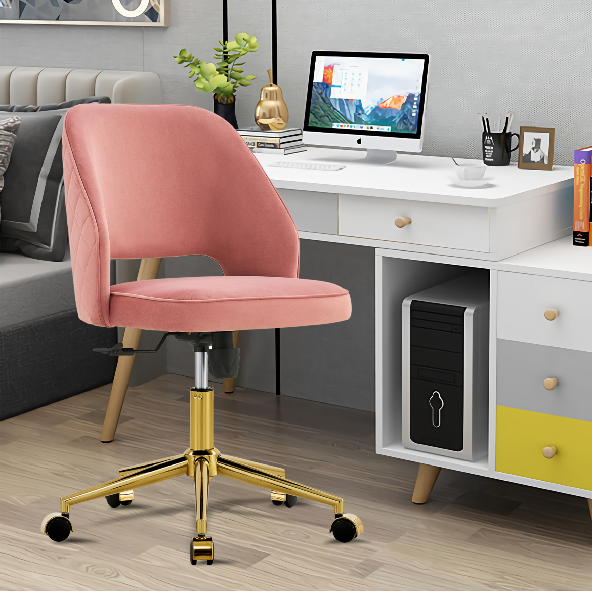 Home Office Chair, Modern Velvet Upholstered Desk Chair with Ergonomic Back and Golden Base ...