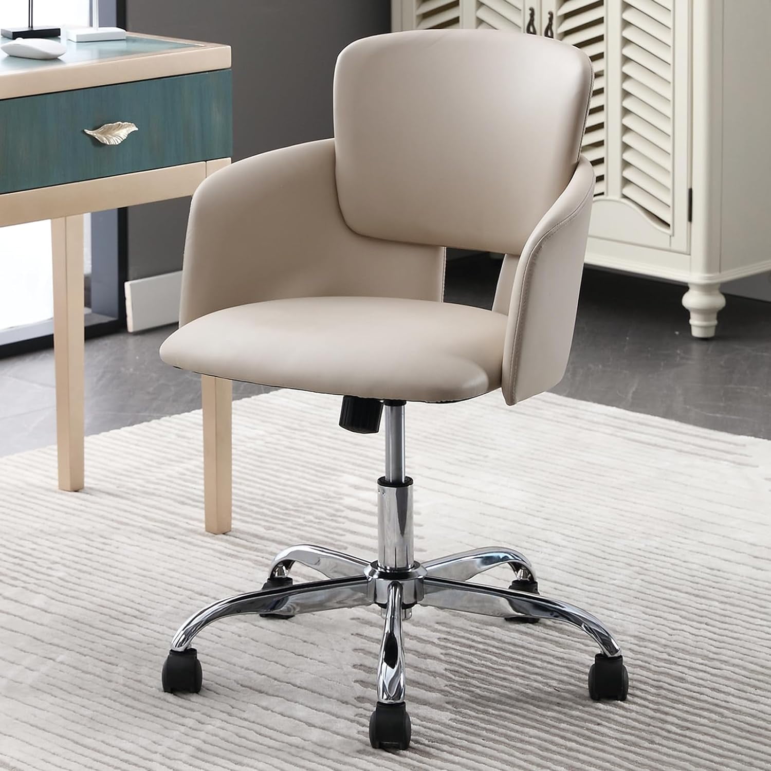 Home Office Chair with Wheels, Adjustable Height PU Leather Ergonomic ...