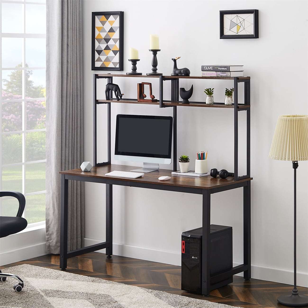 Home Office Computer Desk with Hutch and Bookshelves, Space-Saving ...