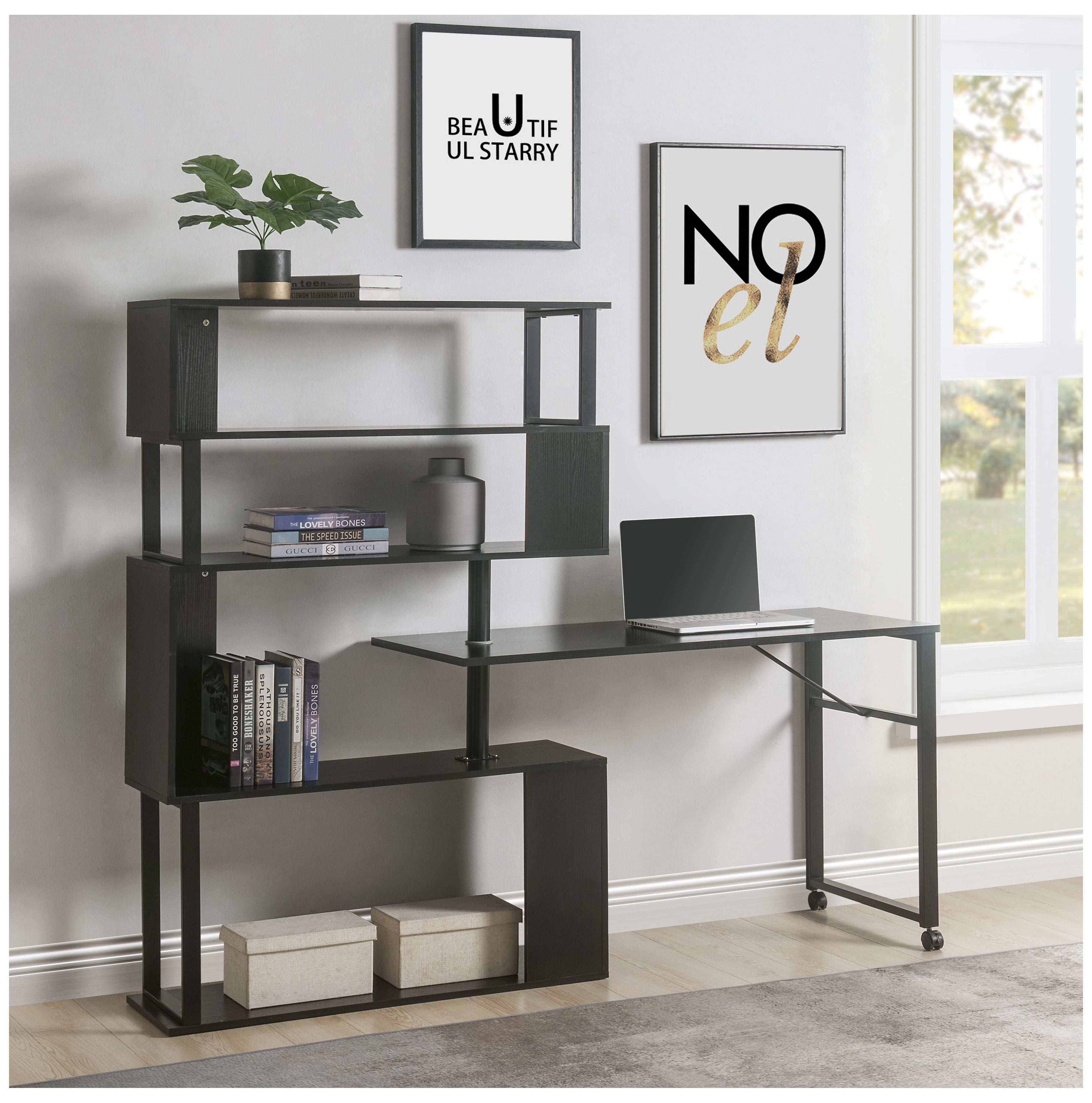 Home Office Computer Desk L-Shaped Corner Table, Rotating Computer Table with 5-Tier Bookshelf ...