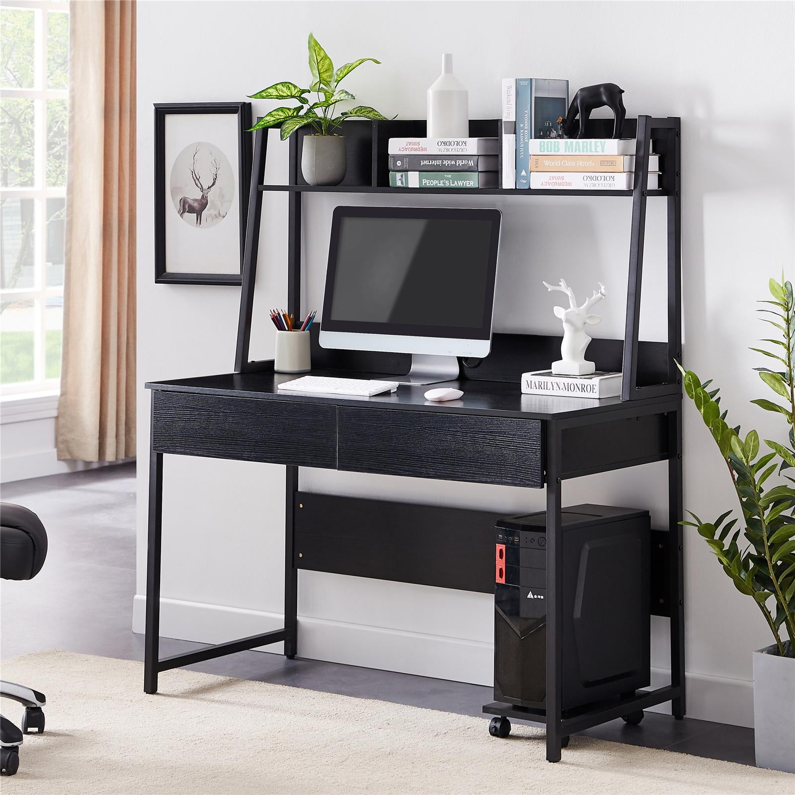 Home Office Computer Desk, Metal Workstation with Hutch, Shelf and 2 ...