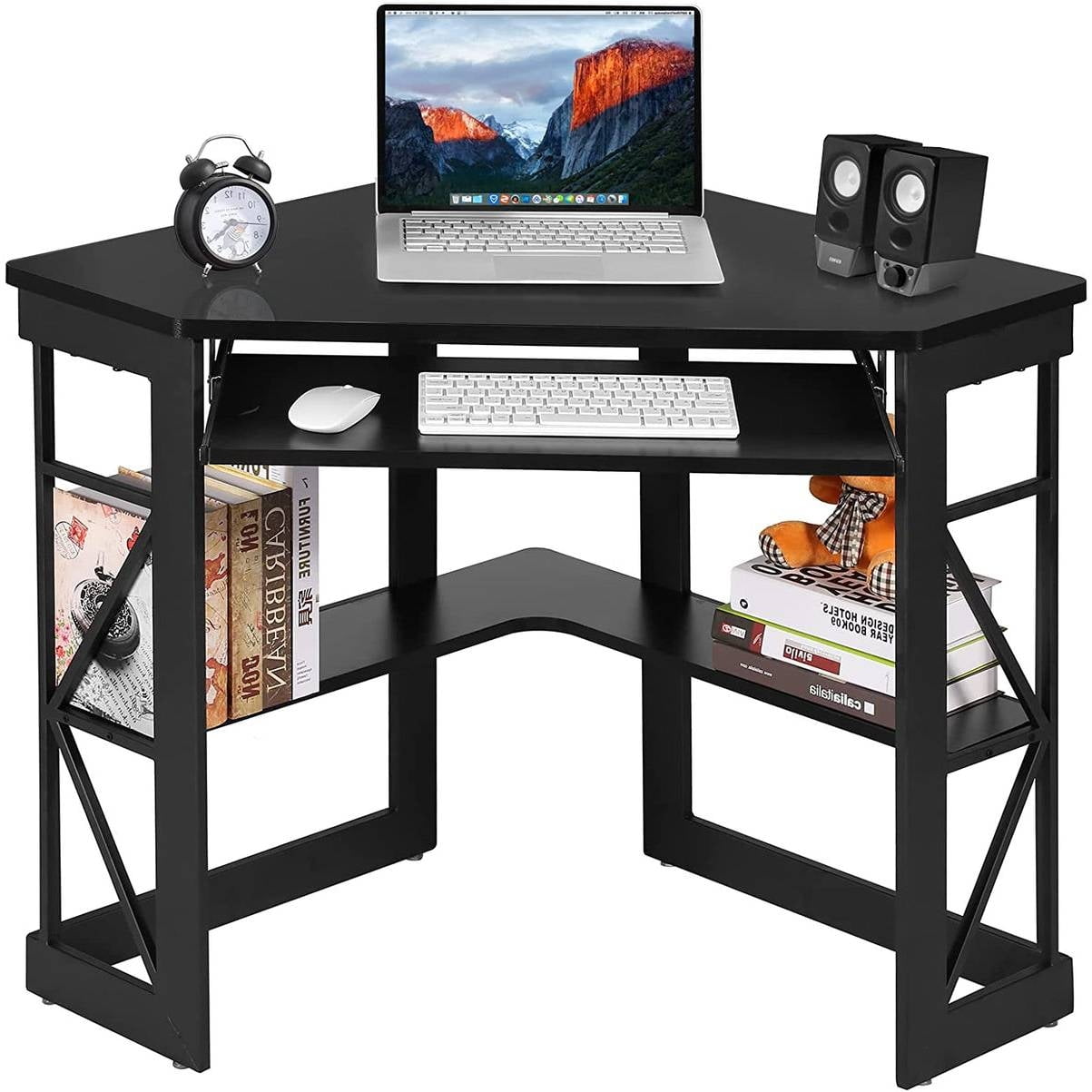 Home Office Corner Computer Desk with Keyboard Tray and Storage Shelves ...