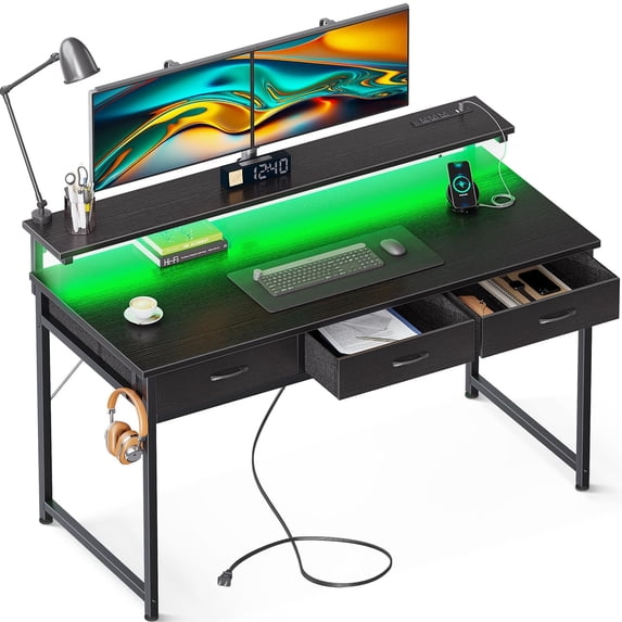 Home Office Desk 54 Inch with LED Lights USB Charging Ports 3 Drawers ...
