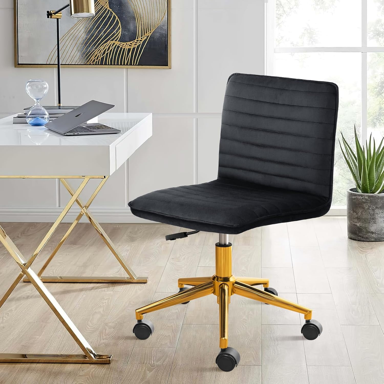 Home Office Desk Chair, Armless Vanity Chair with Wheels Soft Velvet ...