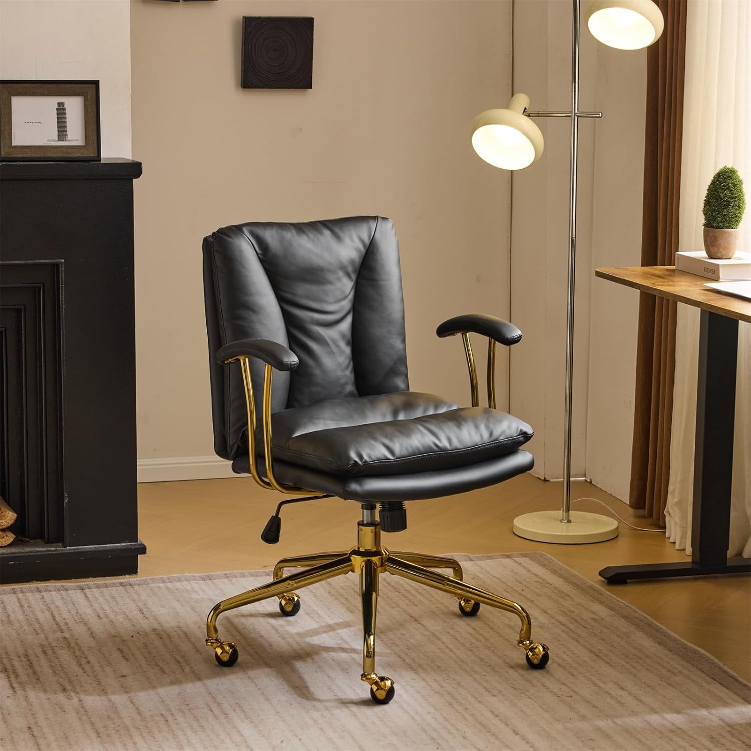 Home Office Desk Chair Comfy with Wheels & Removable Armrests,Gold Base ...