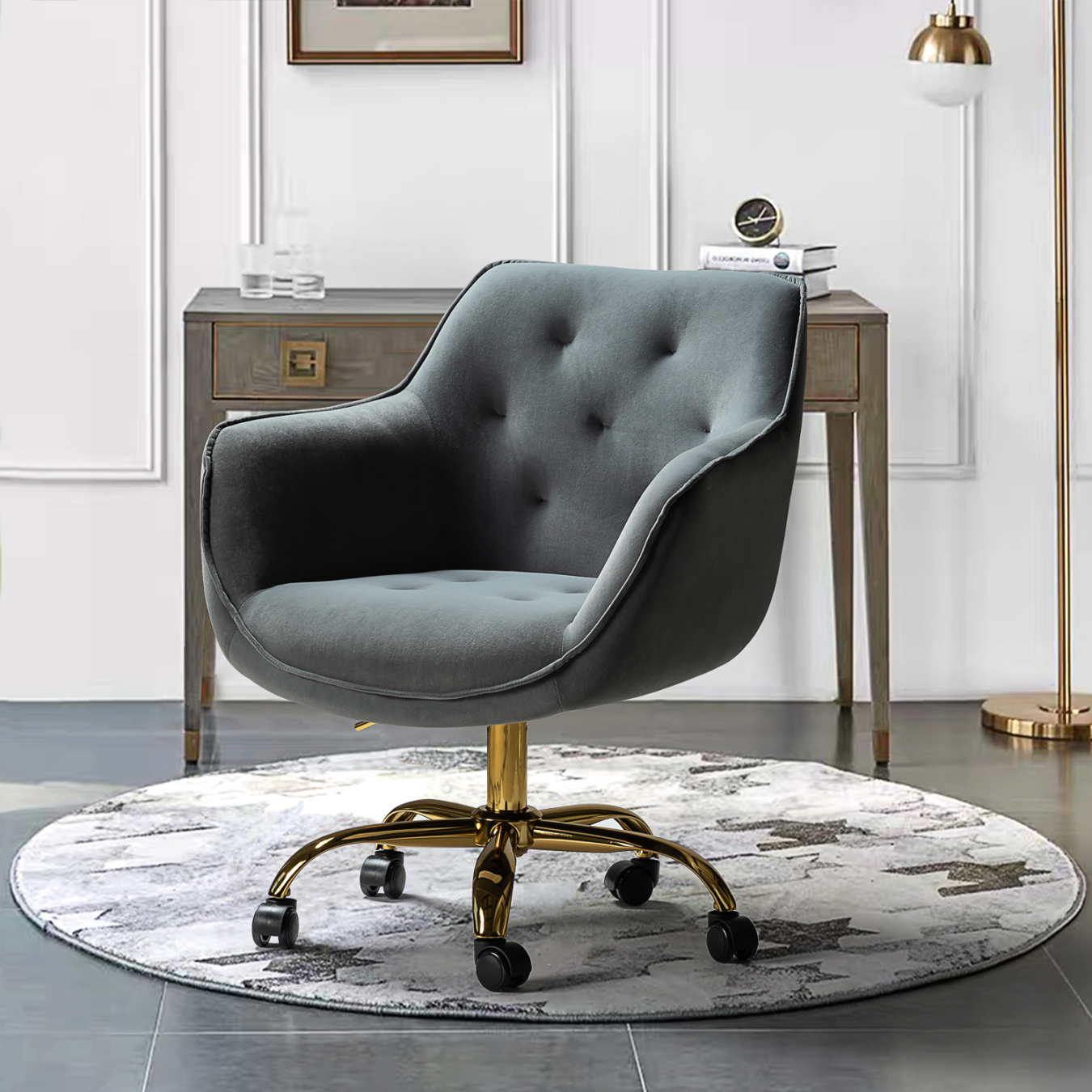 Home Office Desk Chair with Gold Bases, Upholstered Modern Tufted ...