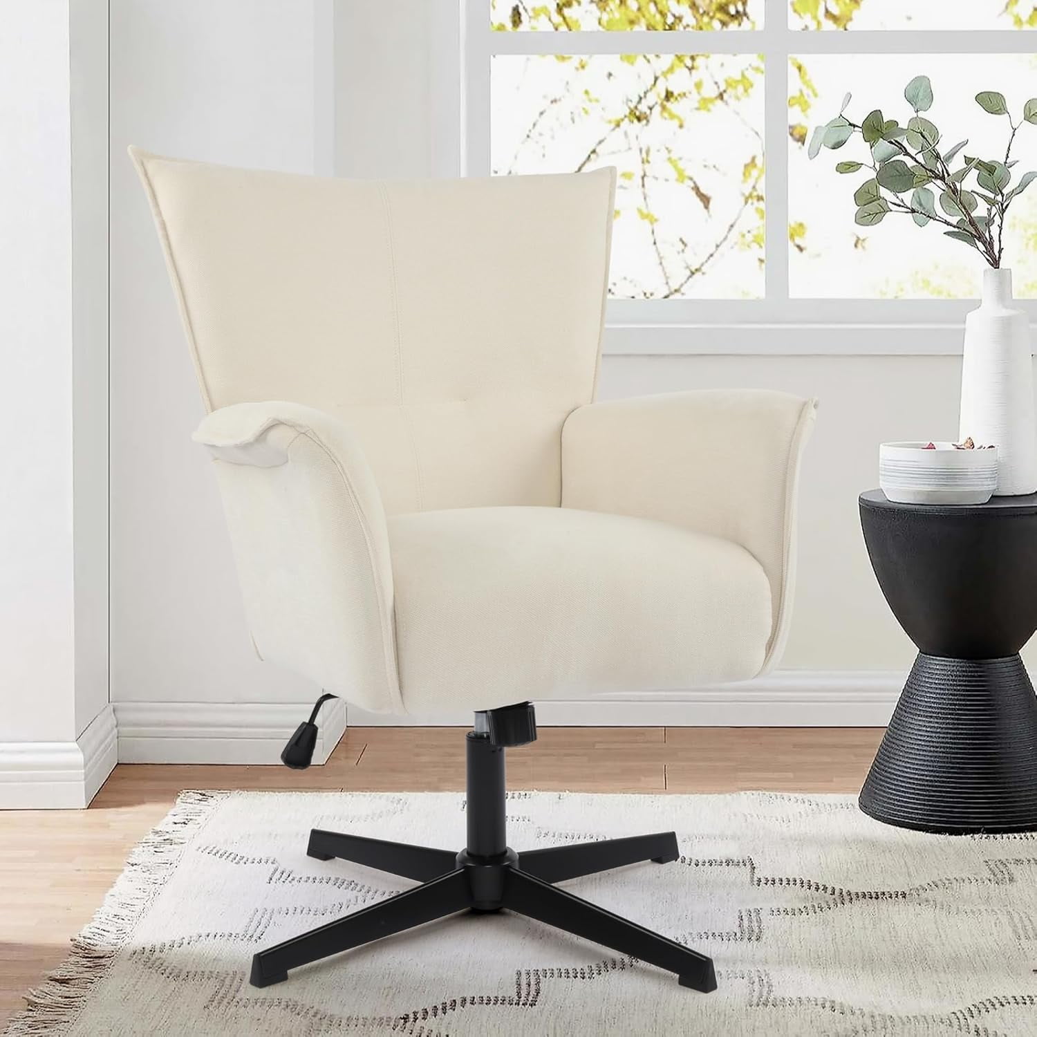 Home Office Desk Chair No Wheels Armchair Linen Fabric Swivel Chair ...
