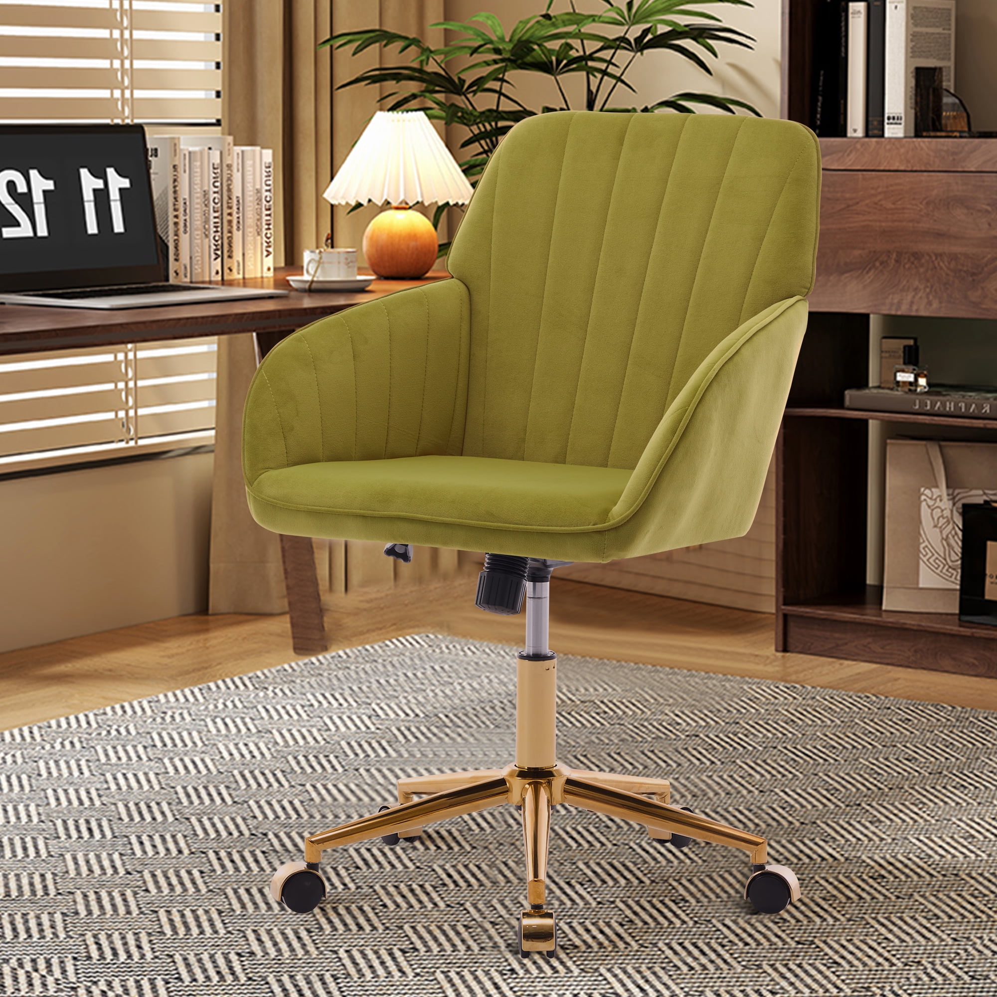 Home Office Desk Chairs, Modern Velvet Rolling Arm Chair, Height ...