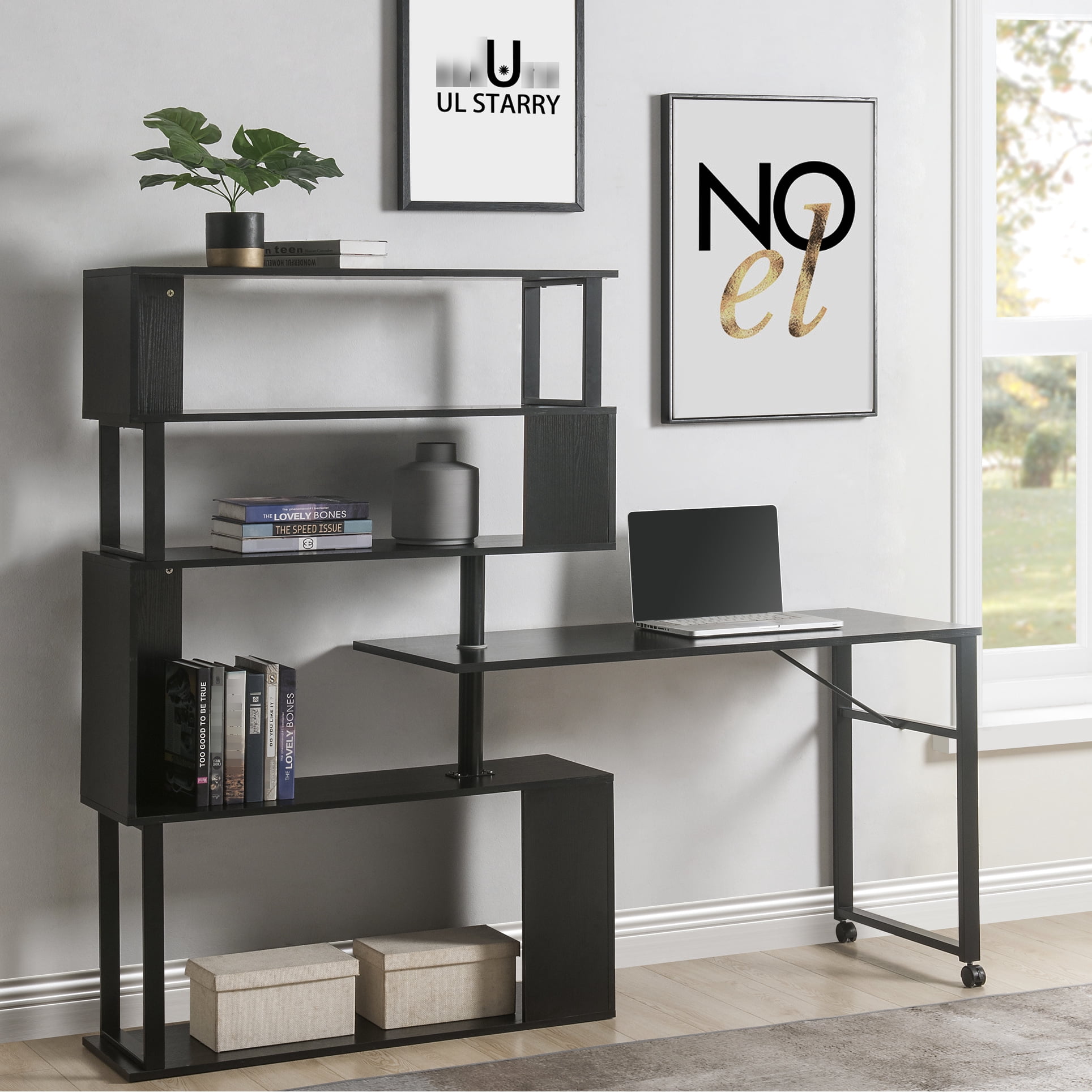 Home Office Desk L-shaped With 5 Bookcase, And Metal Construction ...