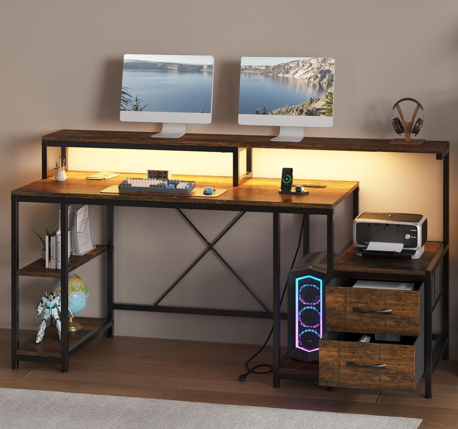 Home Office Desk with LED Light & Power Outlets, 63 inch Computer Desk ...