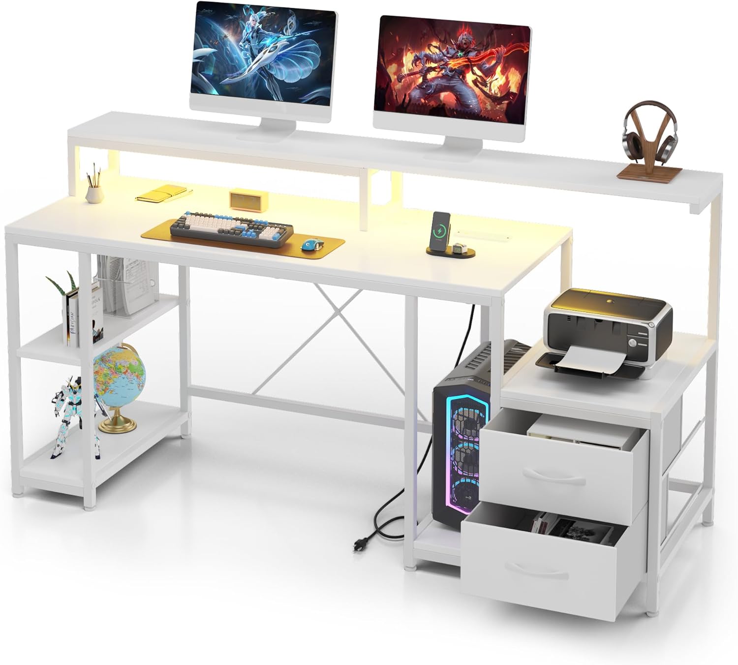 Home Office Desk with LED Light & Power Outlets, 63 inch Computer Desk ...