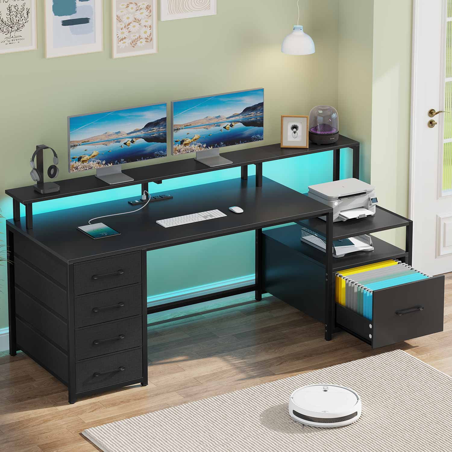 Walmart 66'' Home Office Desk, Black with 5 Drawers, LED Lights, Power ...