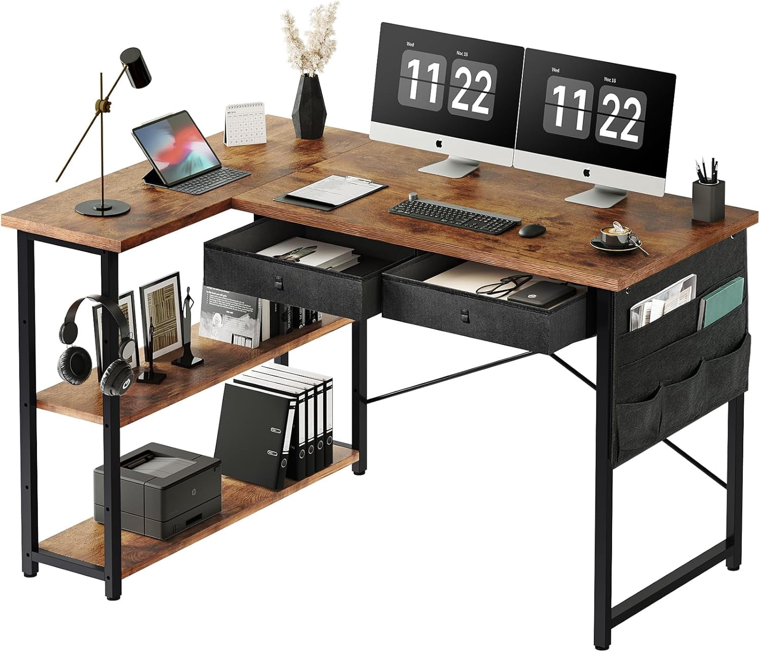 Home Office Desk with Drawers and Shelves, 47” Computer Corner Desk for ...