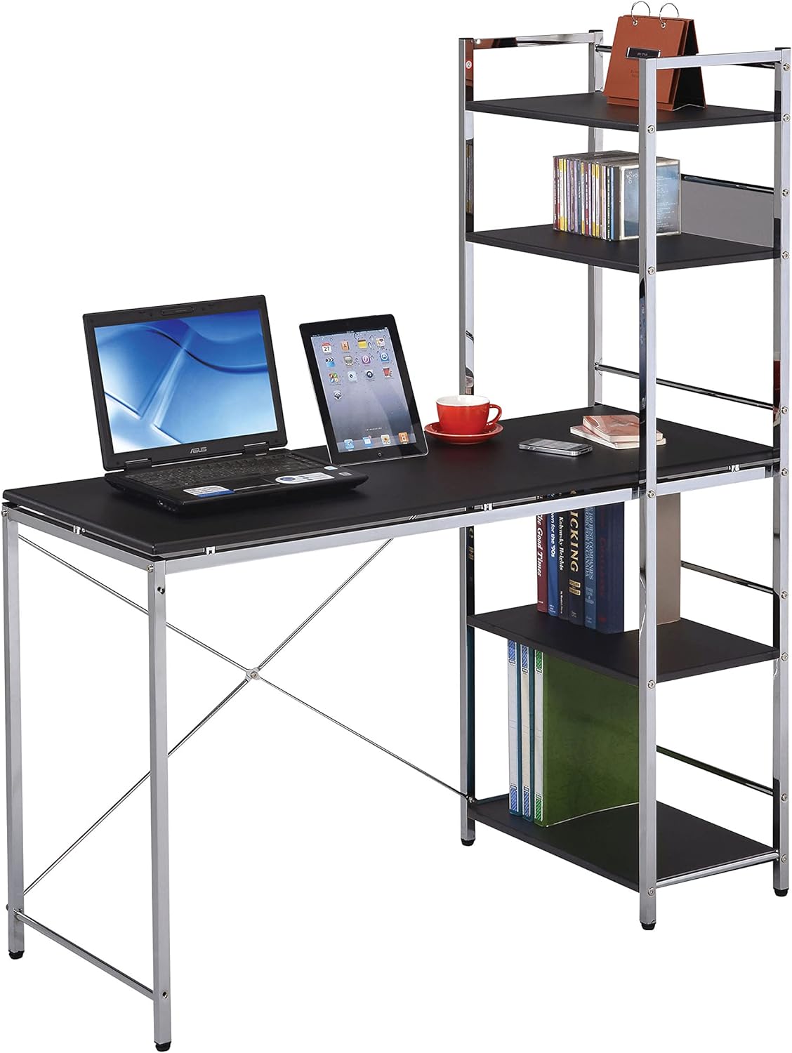 Home Office Desks 47in Computer Desk with Bookshelf Metal Frame Storage ...