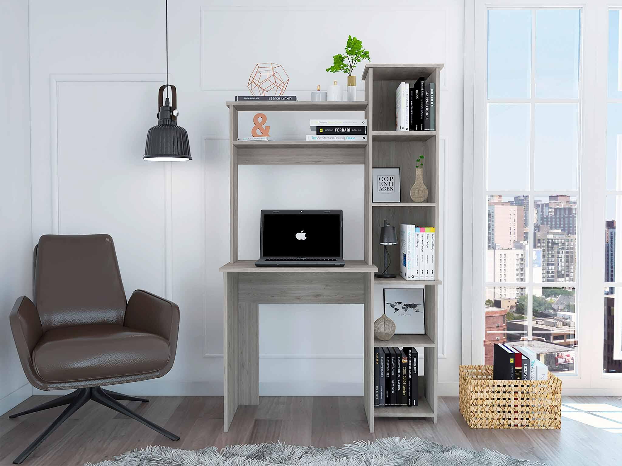 Home Office Desks, Nashville Writing Desk, Six Shelves, Gray Office ...