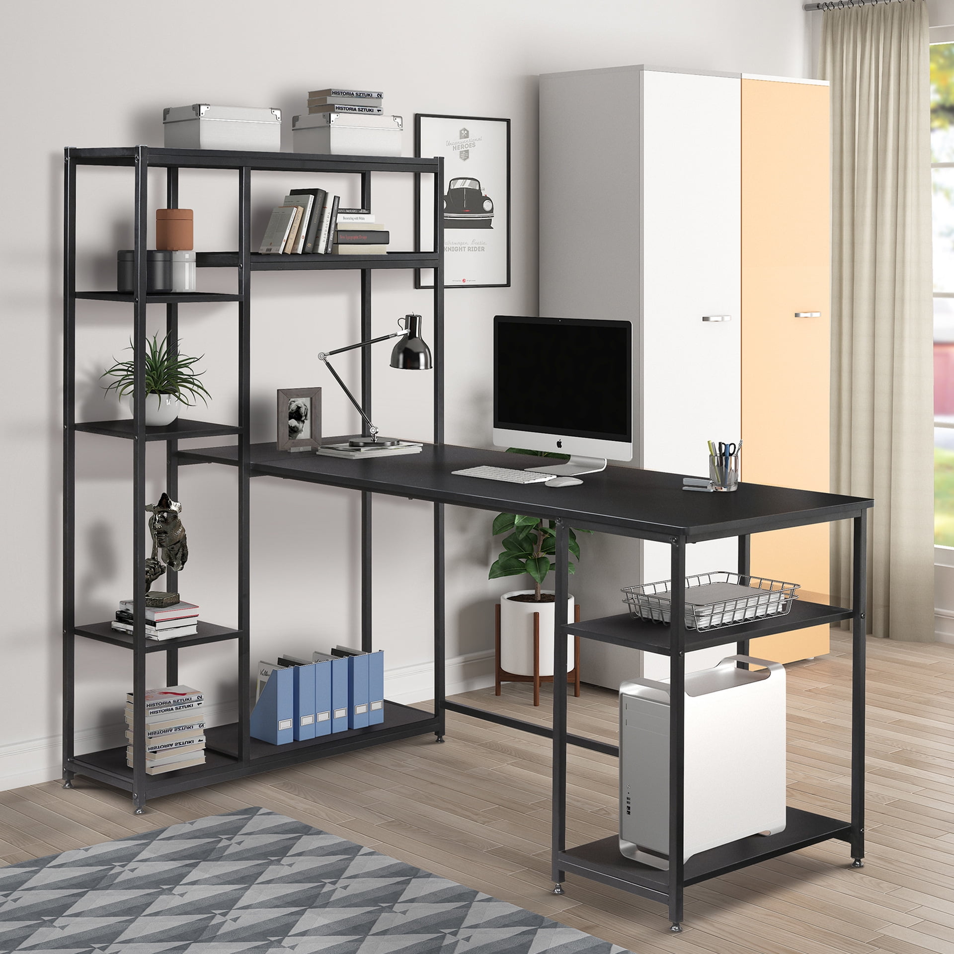 Home Office Desks With Bookshelves, Black Modern Large Office Computer ...