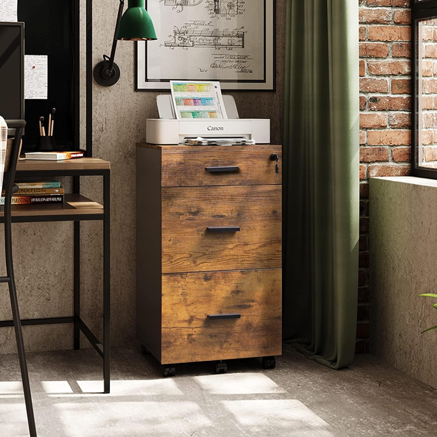 Home Office File Cabinet - 3 Drawer Wood Filing Cabinet, Rolling ...
