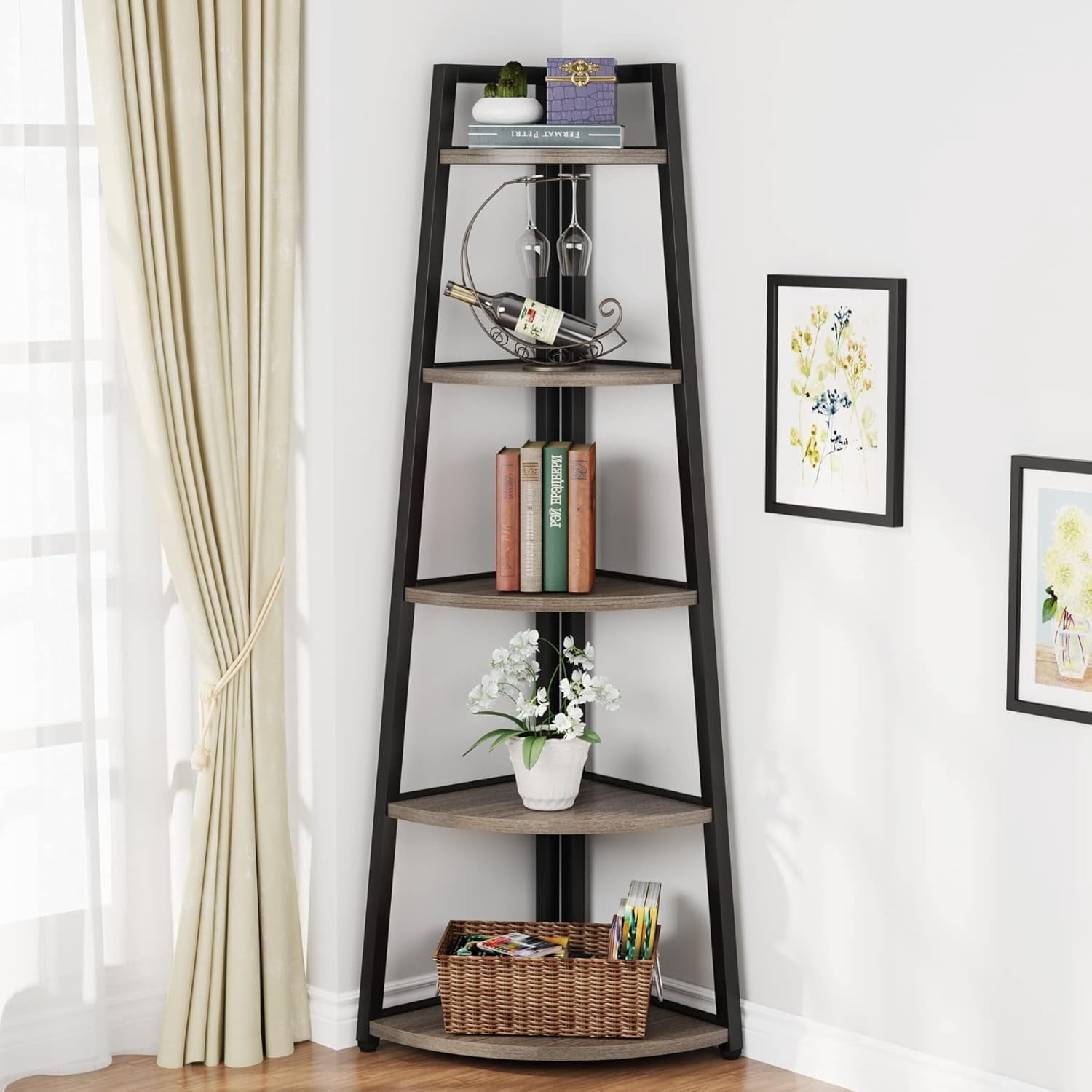 Home Office (Grey) , Kitchen , 5 Tier Industrial Corner Bookshelf ...