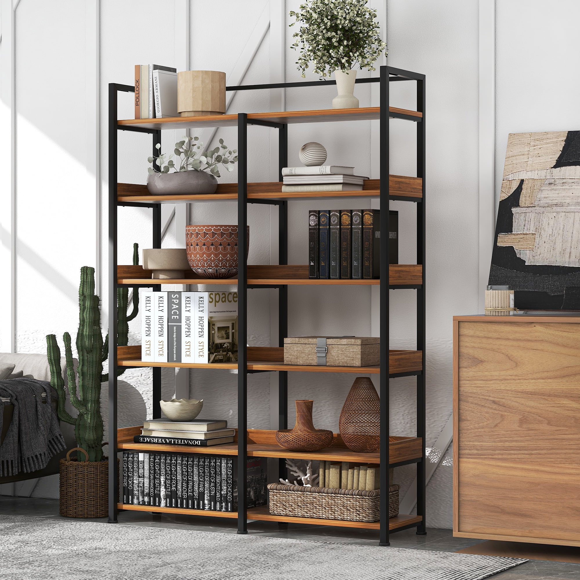 Home Office Industrial Tall Bookshelf 6-Tier Large Open Bookcase ...