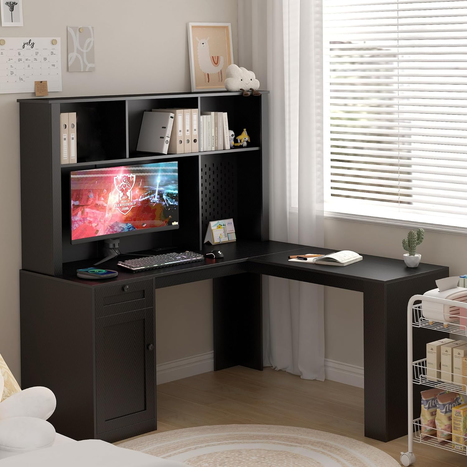 Home Office L Shaped Desk with Hutch, Drawers & Bookshelf and LED Light ...