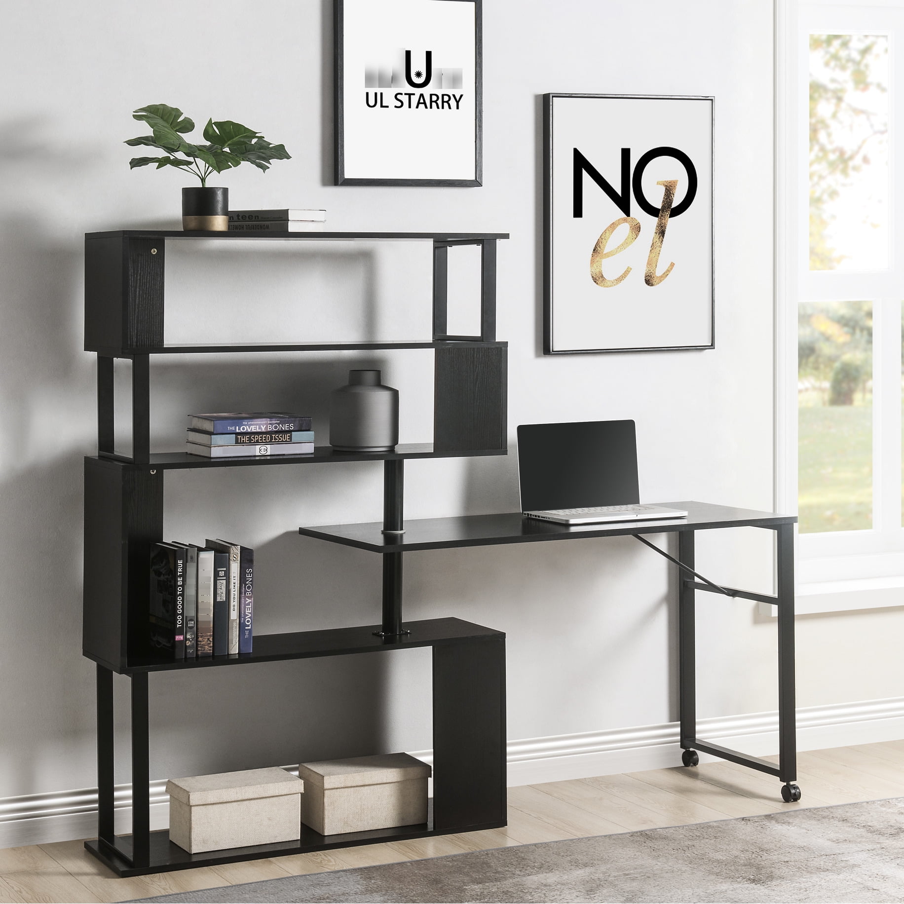 Home Office L-shaped Computer Desk With 5 Bookshelf, & Metal, Black ...